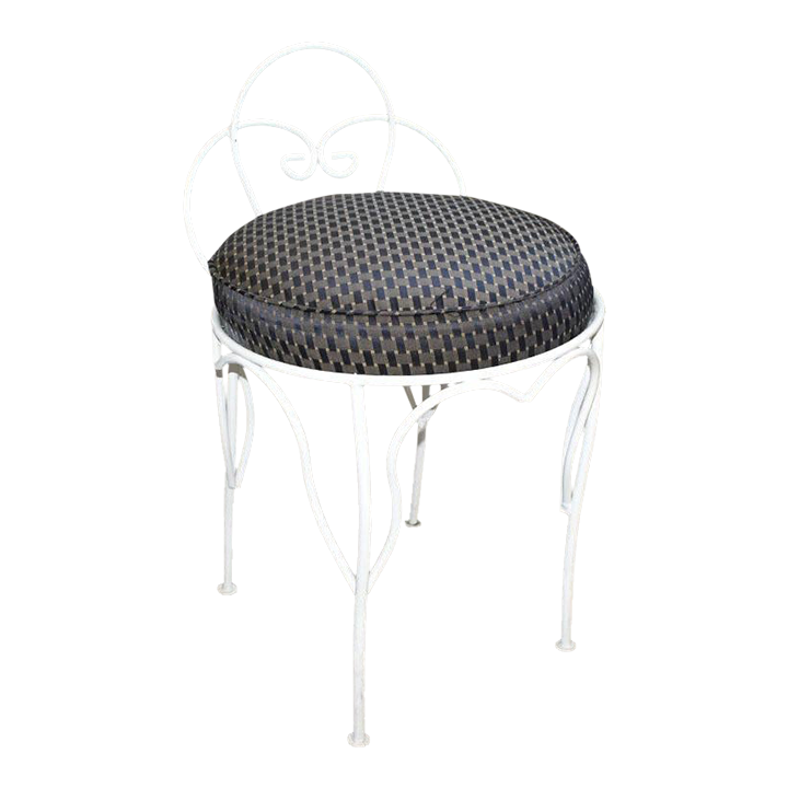 Round White Iron Heart Motif Upholstered Vanity Chair | Chairish