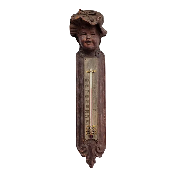 Antique American Hand Carved Wood Figural Thermometer | Chairish