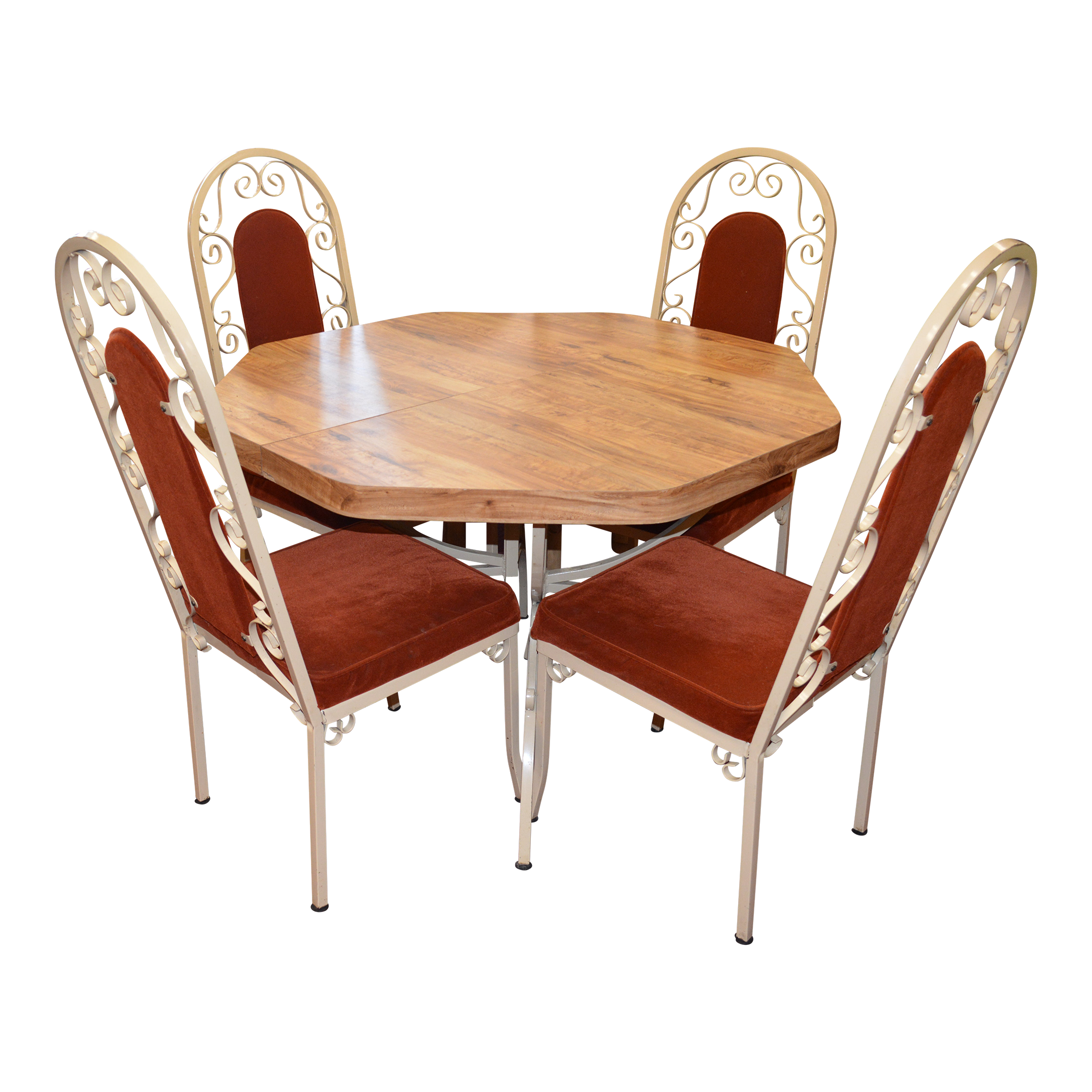 1960s Douglas Furniture Cream Scroll Iron Octagon Table 4 Chairs W Rust Velvet Upholstery Chairish