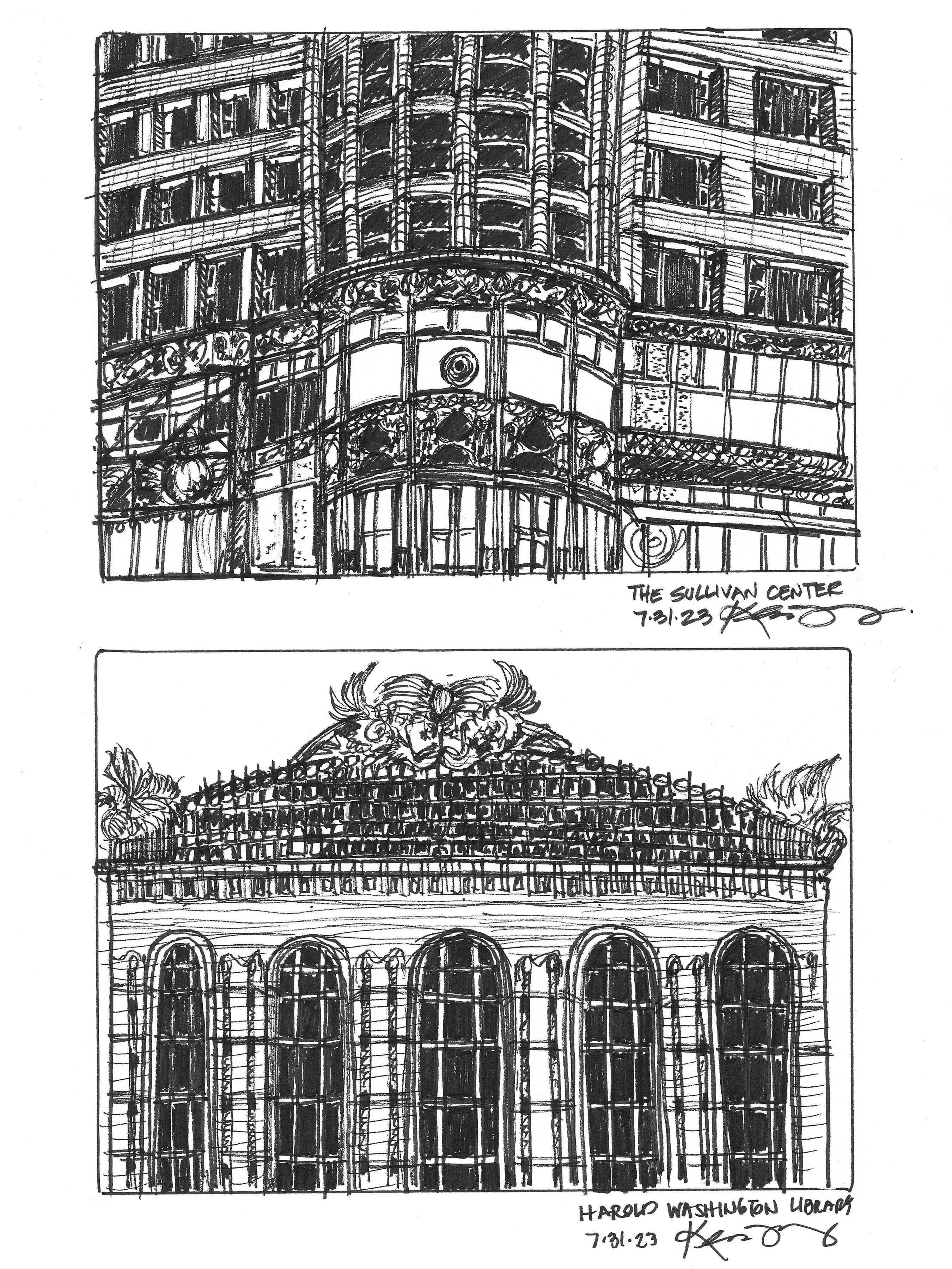 Chicago Sketch: The Sullivan Center & Harold Washington Library | Chairish
