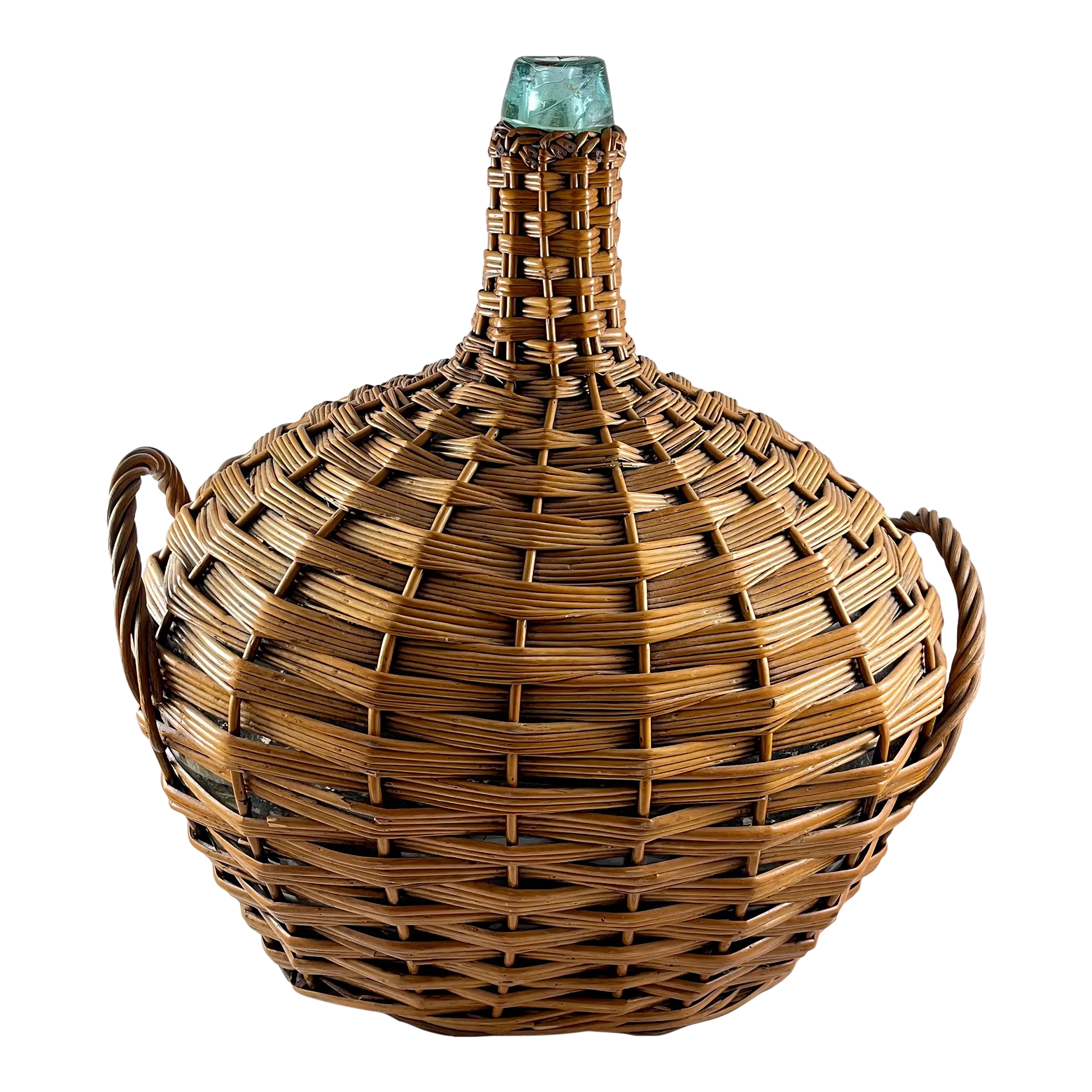 Large French Oval Wicker Clad Blown Aqua Glass Carboy or Demijohn, Circa 1900 | Chairish