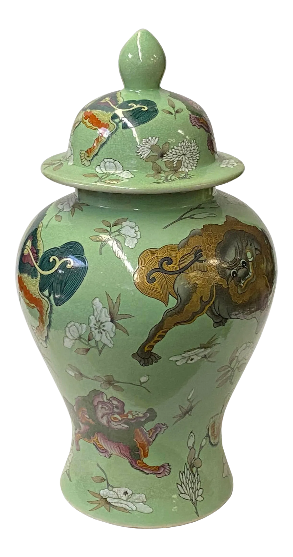 Chinese Crackle Avocado Green Color Foo Dogs Porcelain Temple Jar ...
