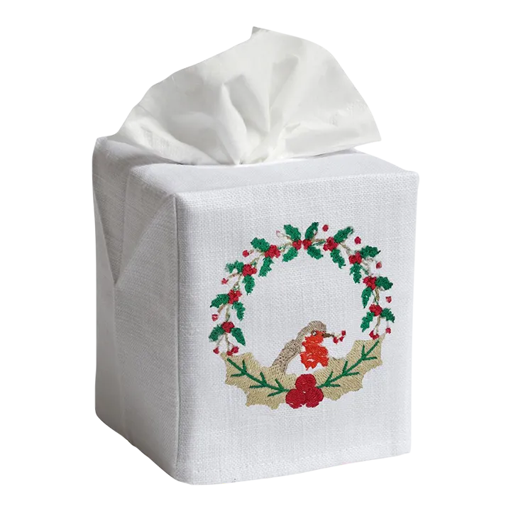 Christmas Robin Wreath Tissue Box Cover, Embroidered | Chairish