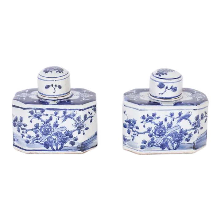 Contemporary Chinese Blue and White Porcelain Tea Caddies With Flowers ...