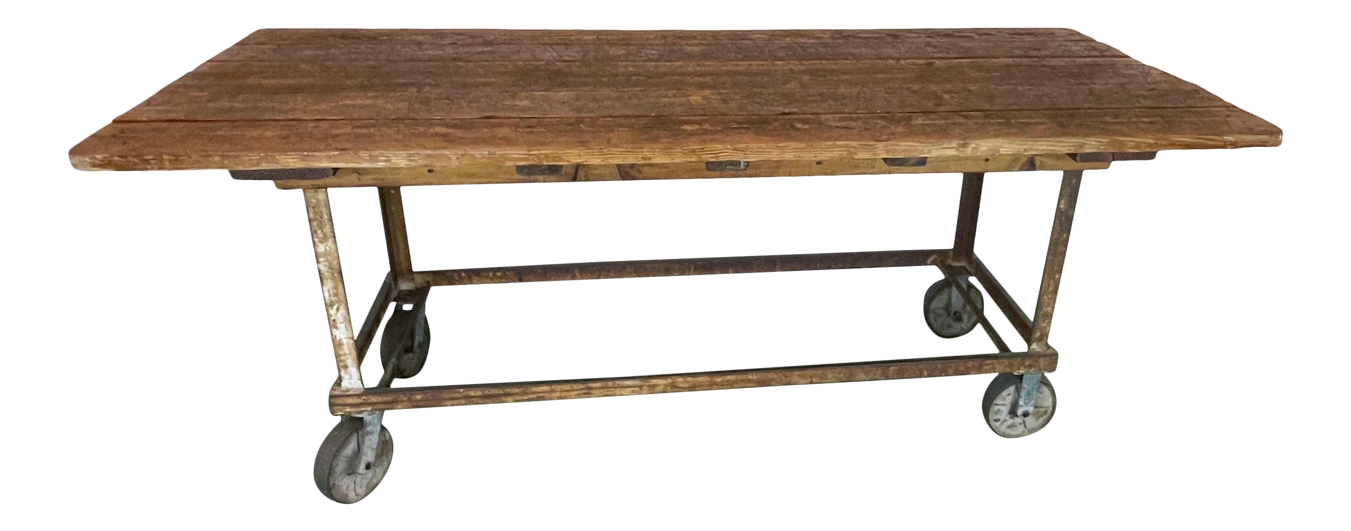 Industrial Plank Table on Wheels | Chairish