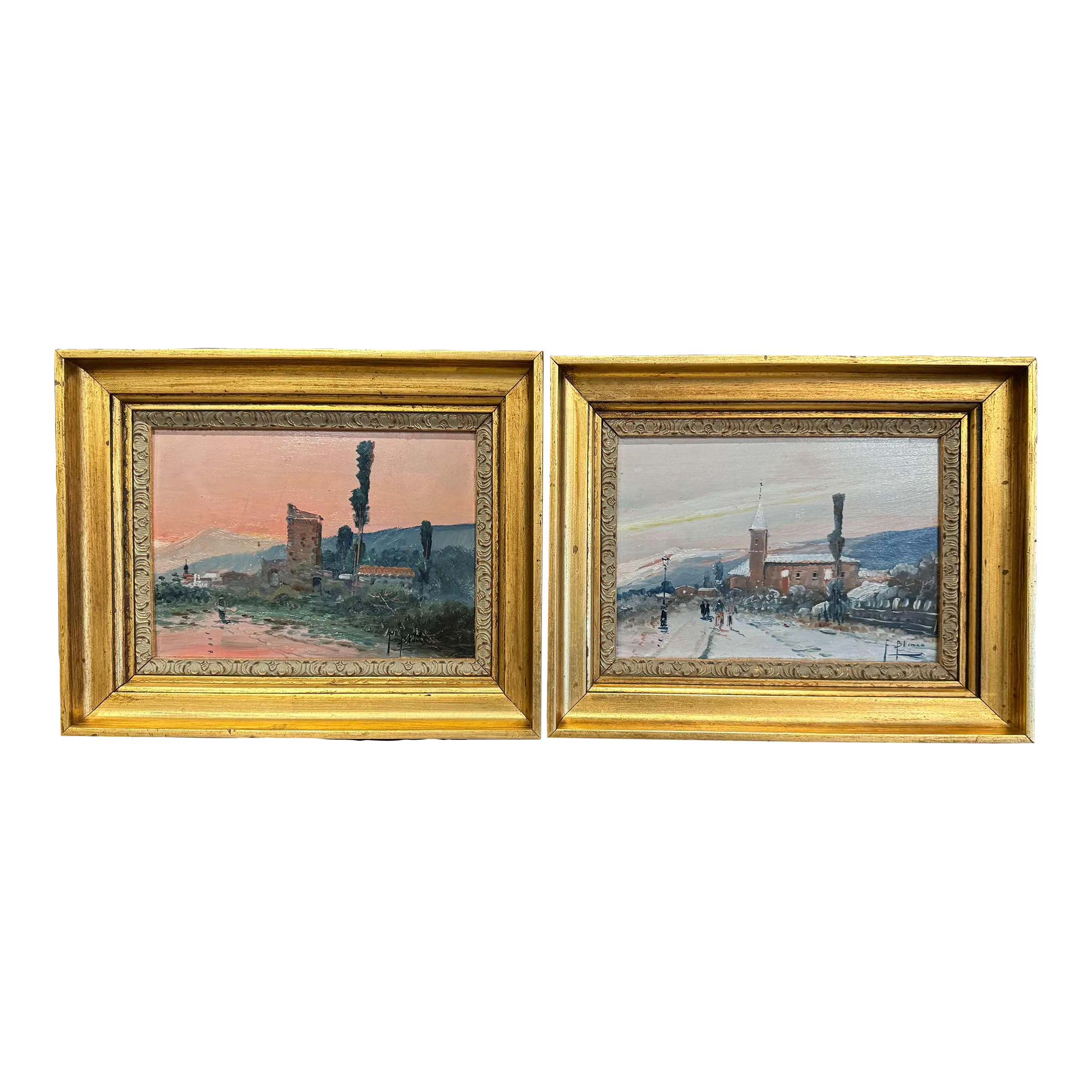 Pair Mid-Century French Paintings on Board in Gilt Frames Signed F ...