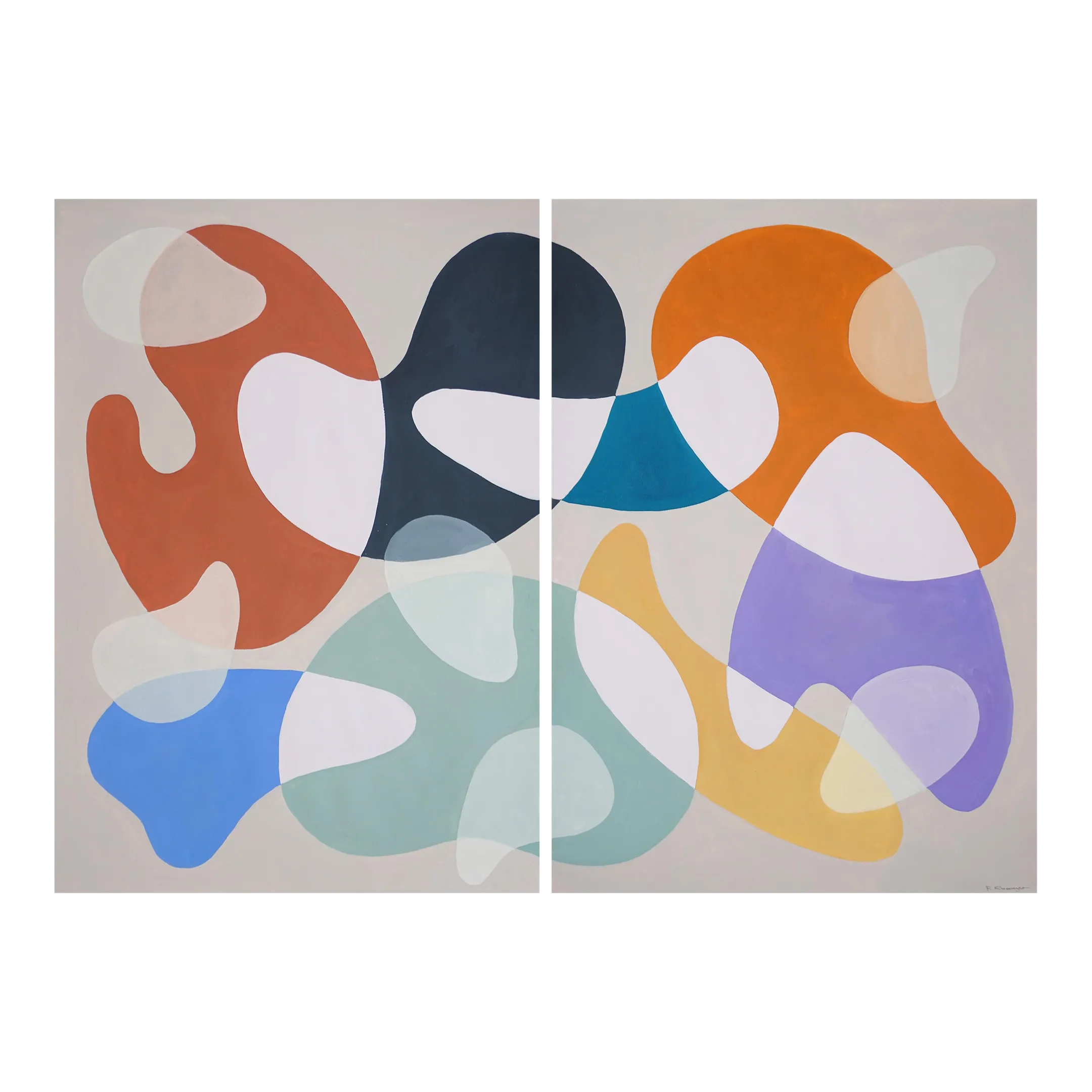 2024, Mid-Century Shapes Diptych of "Pastel Palette Curves", Acrylic ...