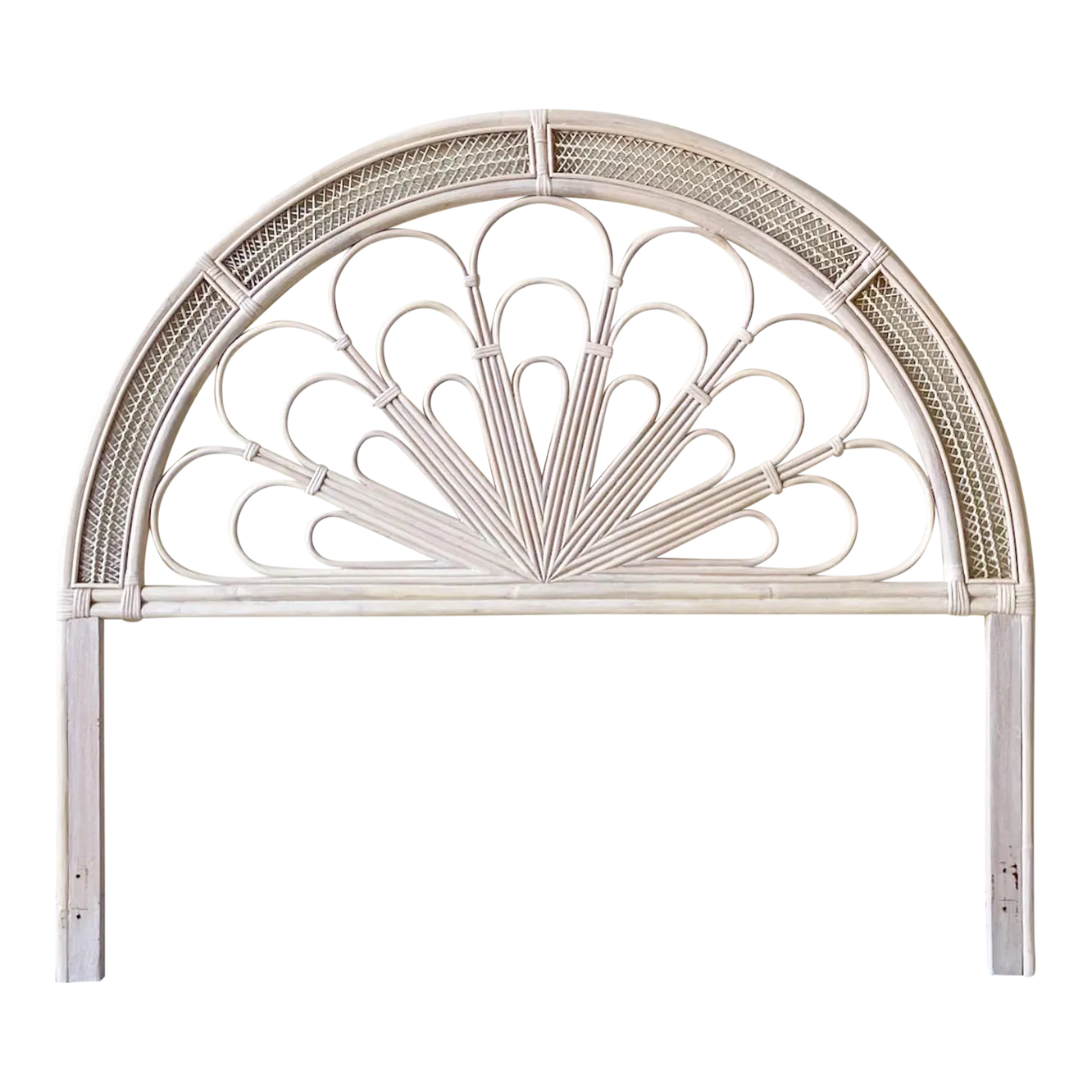 Boho Chic Bamboo Rattan White Washed Queen Headboard | Chairish
