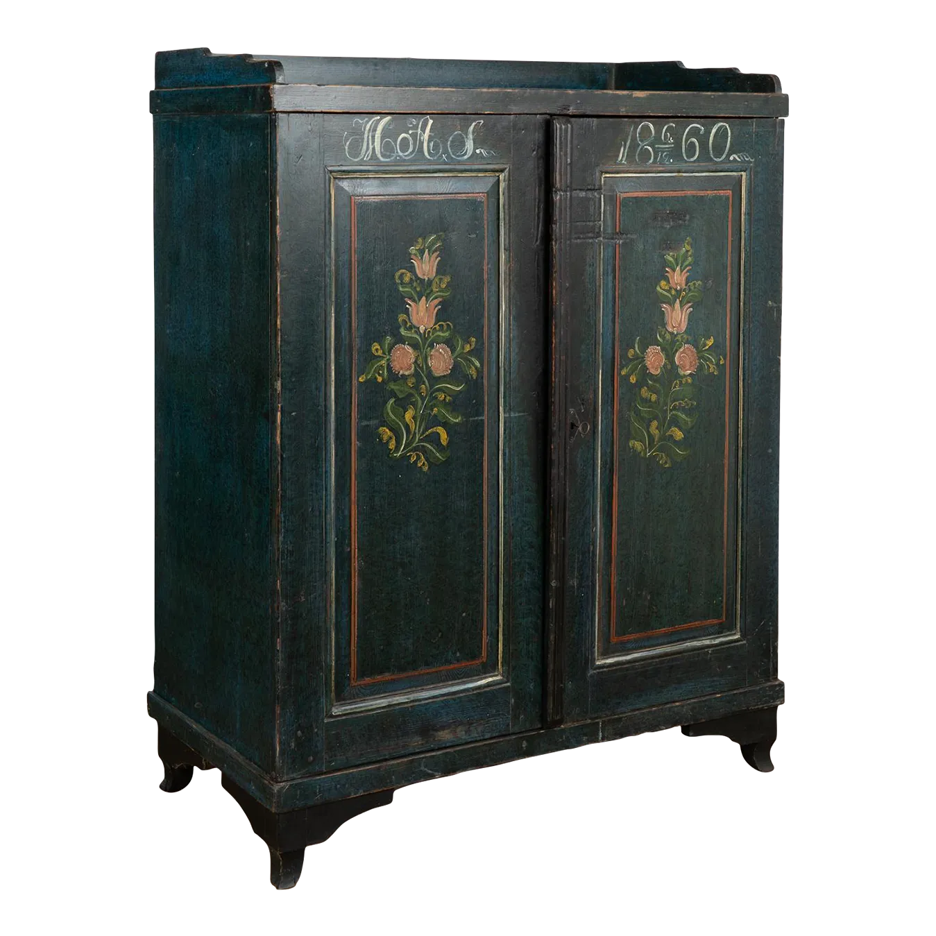 Original Dark Blue Painted Sideboard With Flowers, Sweden Dated 1860 ...