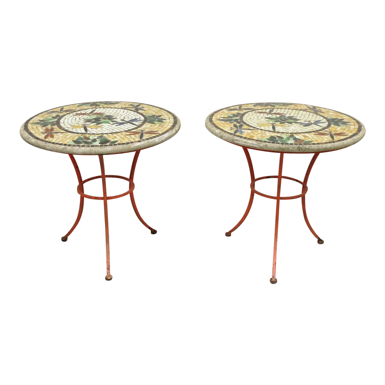 Dragonfly Mosaic Tile Round Stone Top Iron Base Patio Side Tables - a ...