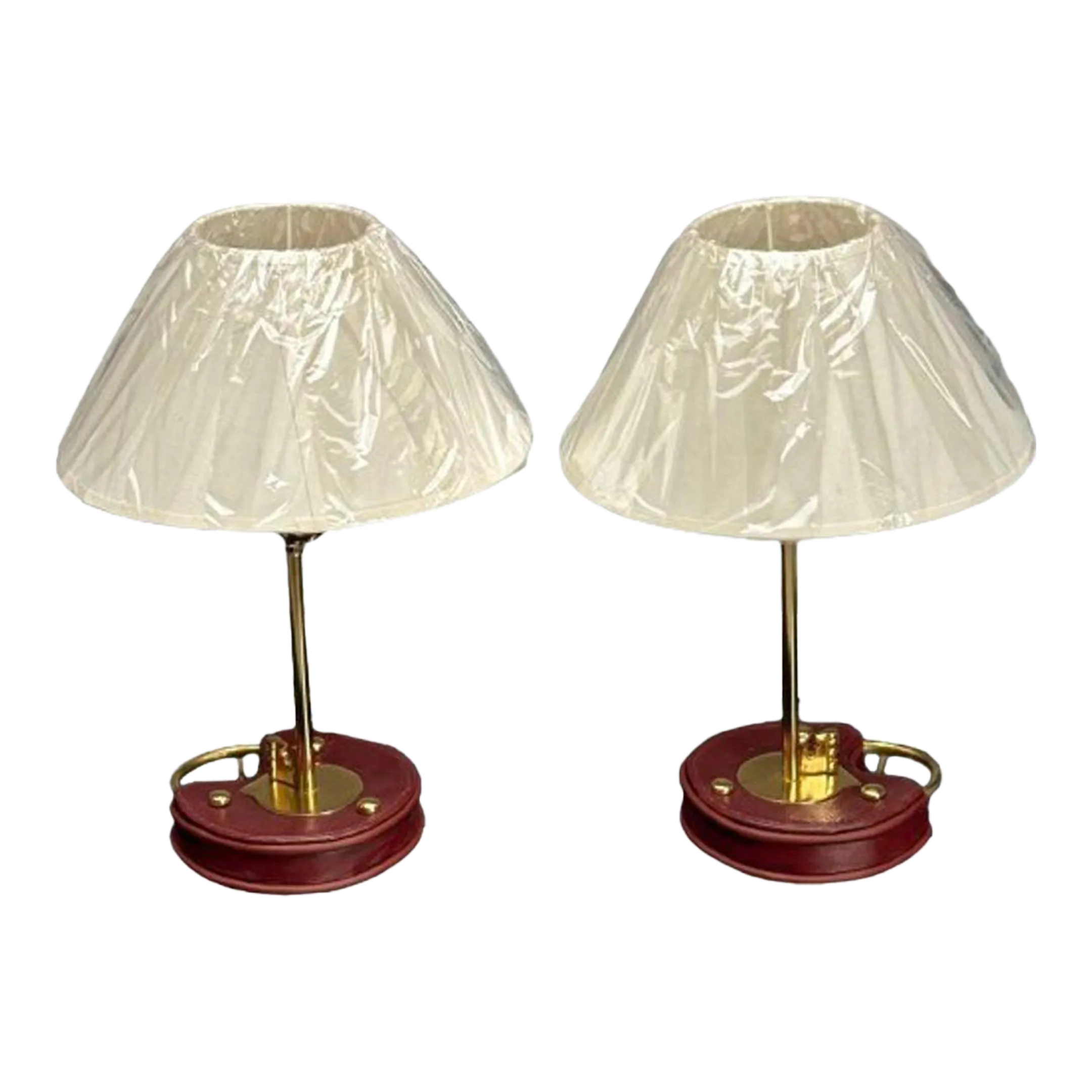 Cartier Style, Modern Key Table Lamps, Red Leather, Brass, Paper Shades ...