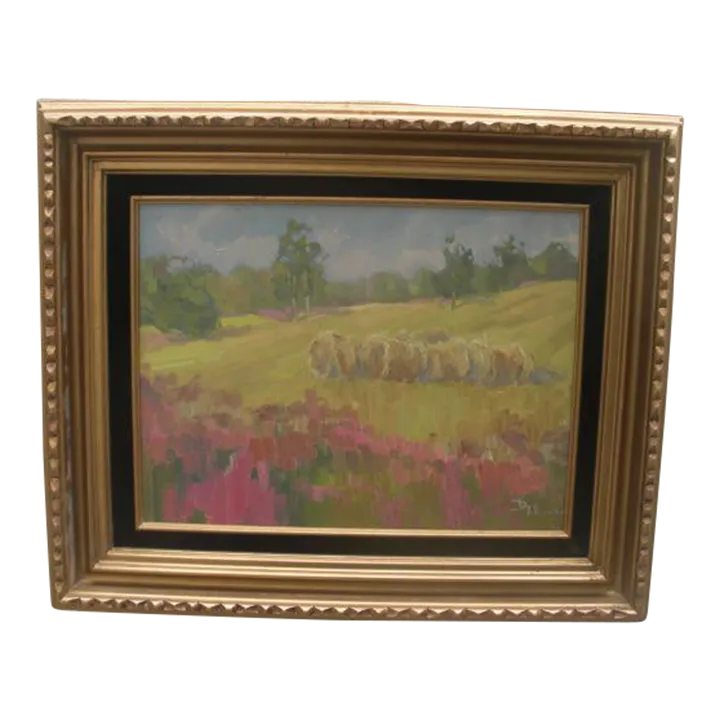 Impressionist Style Bucolic Landscape Acrylic Painting with Bales of ...