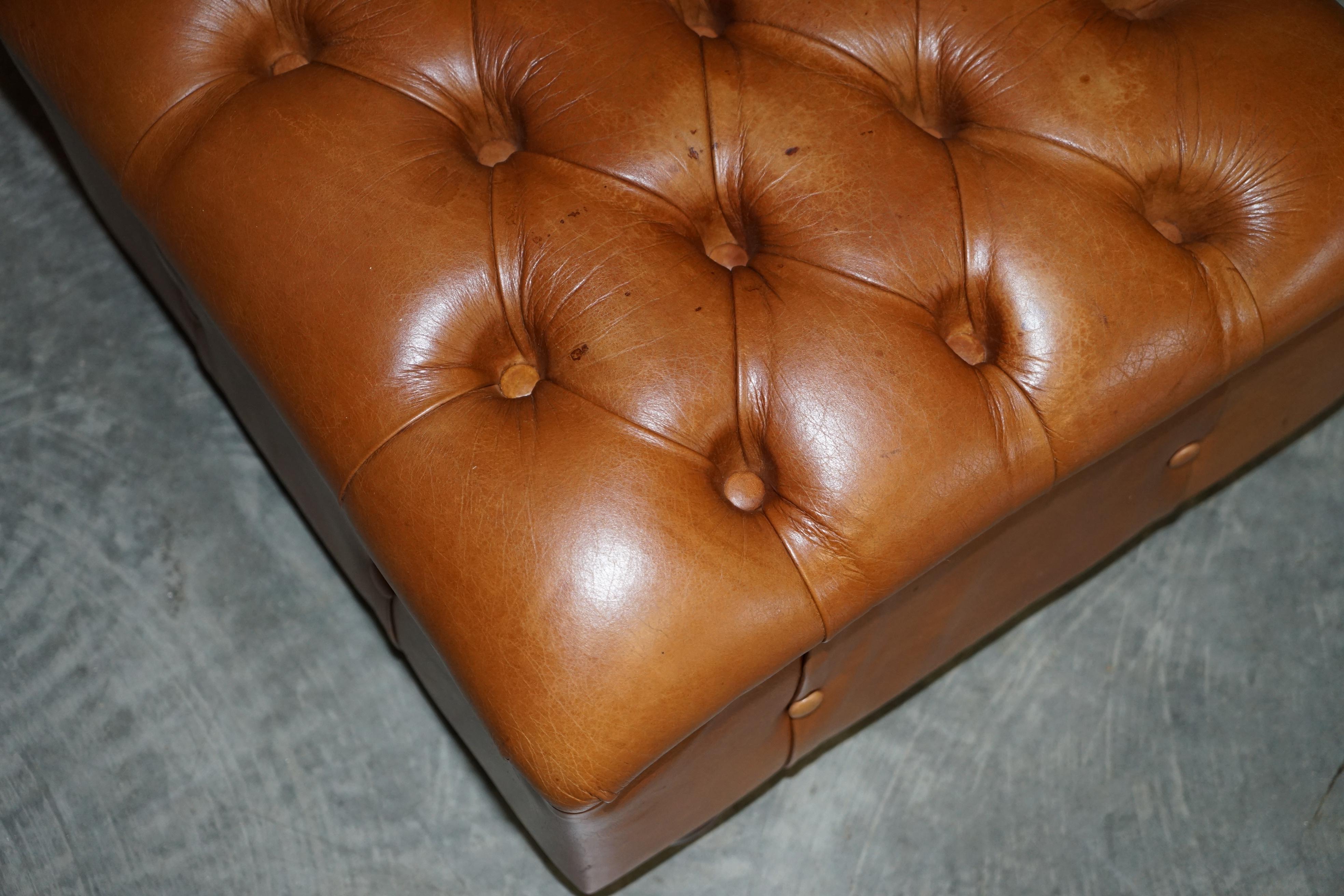 Square Tan or Brown Leather Tufted Chesterfield Footstool