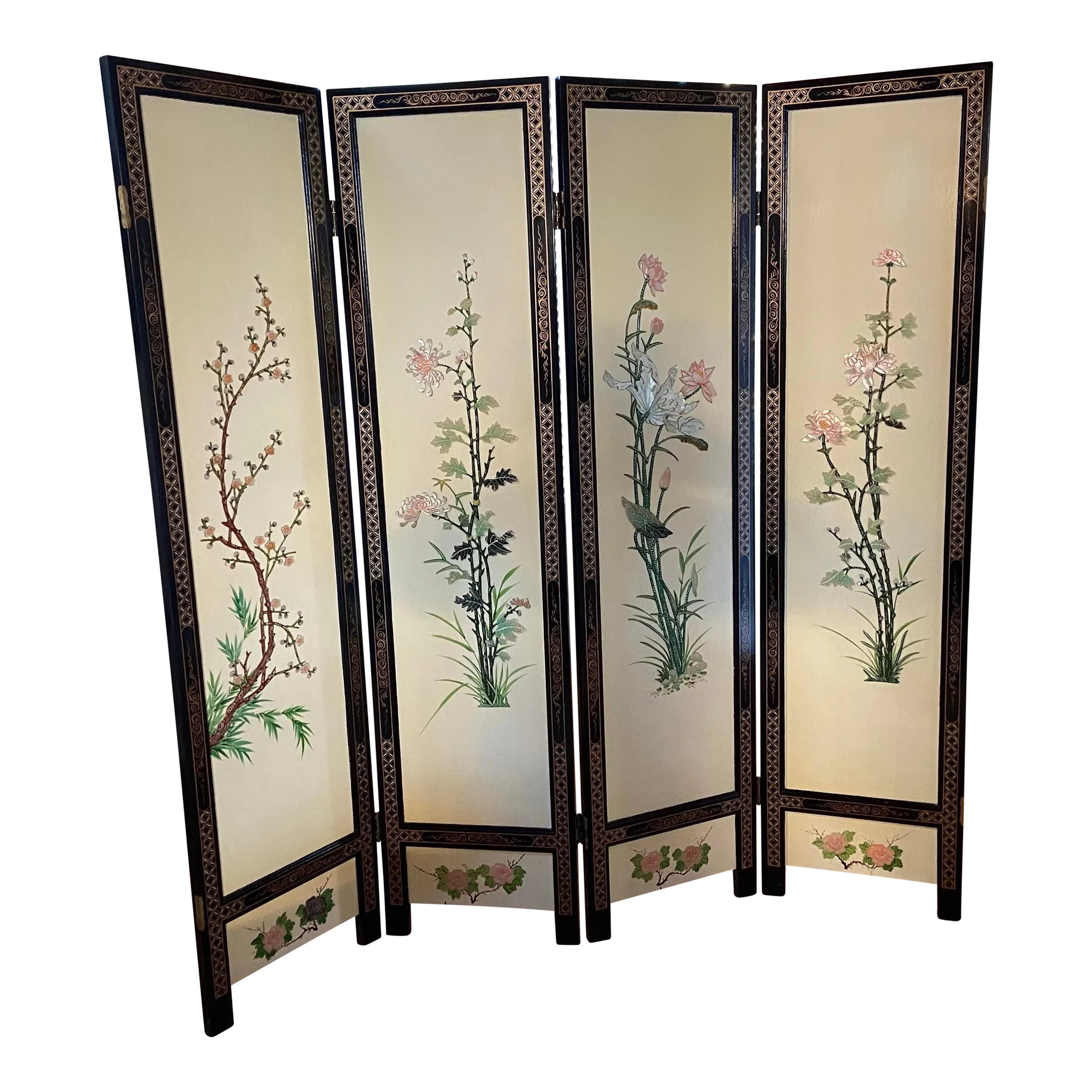 1970s Asian Screen 4-Panel Room Divider Decorated Screen | Chairish