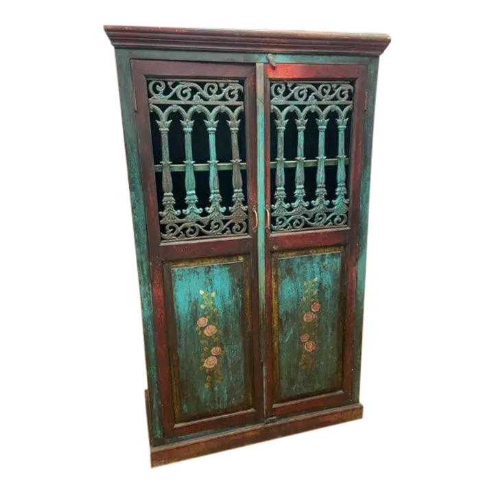 Antique German Hand Painted 2 Door Forged Iron Cabinet | Chairish