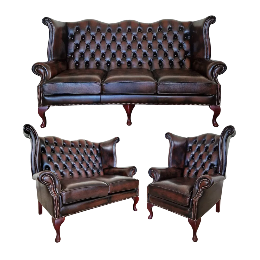Queen Anne Dark Brown Chesterfield Living Room Set Set of 3