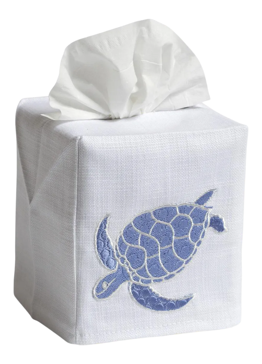 Blue Swimming Turtle Tissue Box Cover in White Linen & Cotton ...