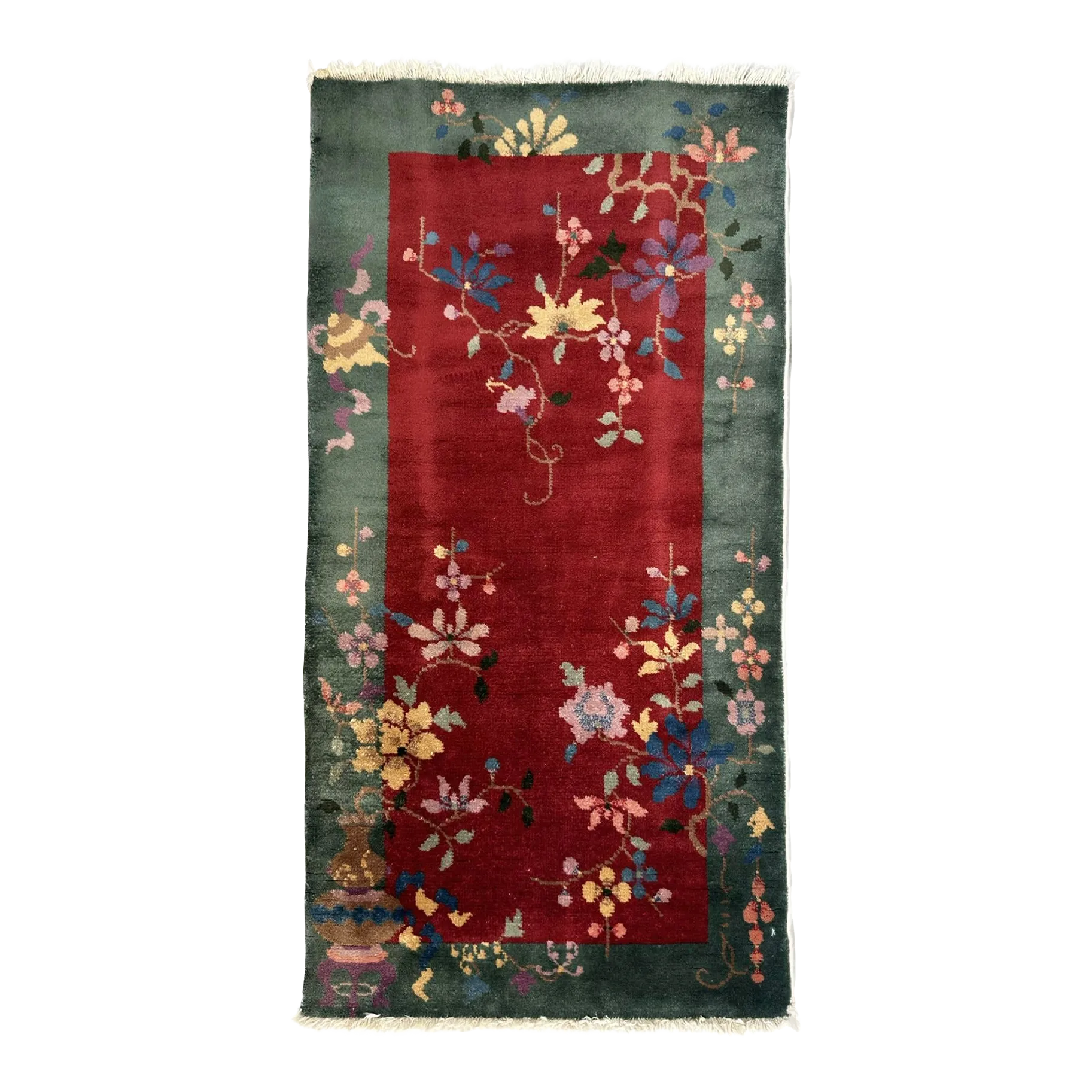 1920s Red and Green Floral Wool Vintage Chinese Art Deco Rug 1'11 X 3 ...