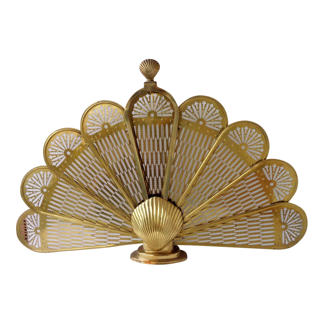 Vintage Brass Seashell Peacock Fan Fireplace Screen | Chairish