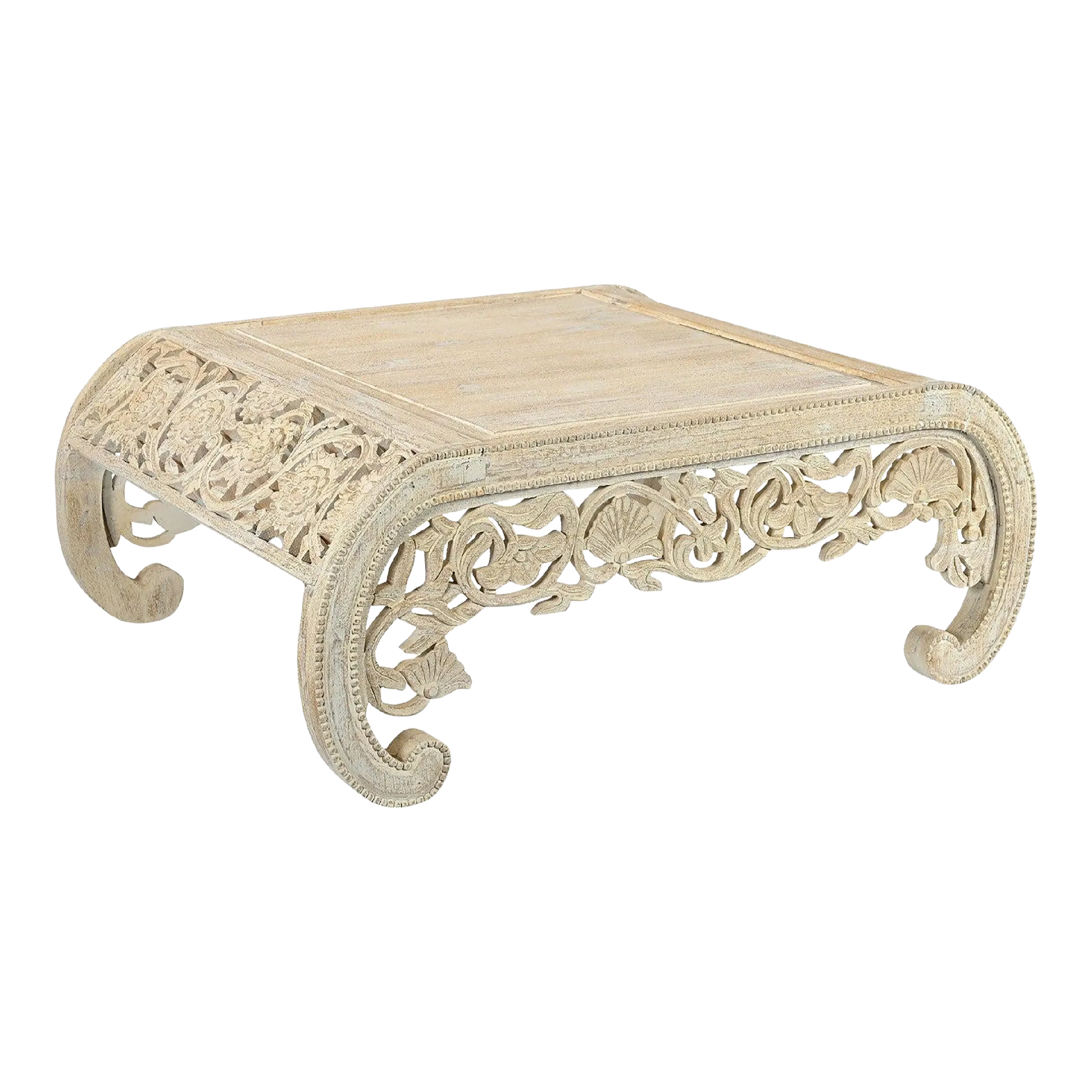 Carved Lattice Scroll Legs Coffee Table in White Washed Finish | Chairish