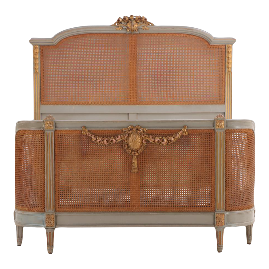 A French Louis XVI Style Carved, Painted and Giltwood Full Size Bed C ...