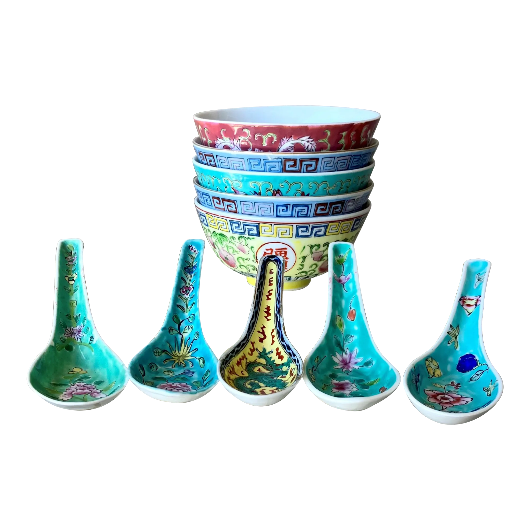 Circa 1970 Chinoiserie Porcelain Mixed Pattern Rice Bowl & Spoon Set -5 ...