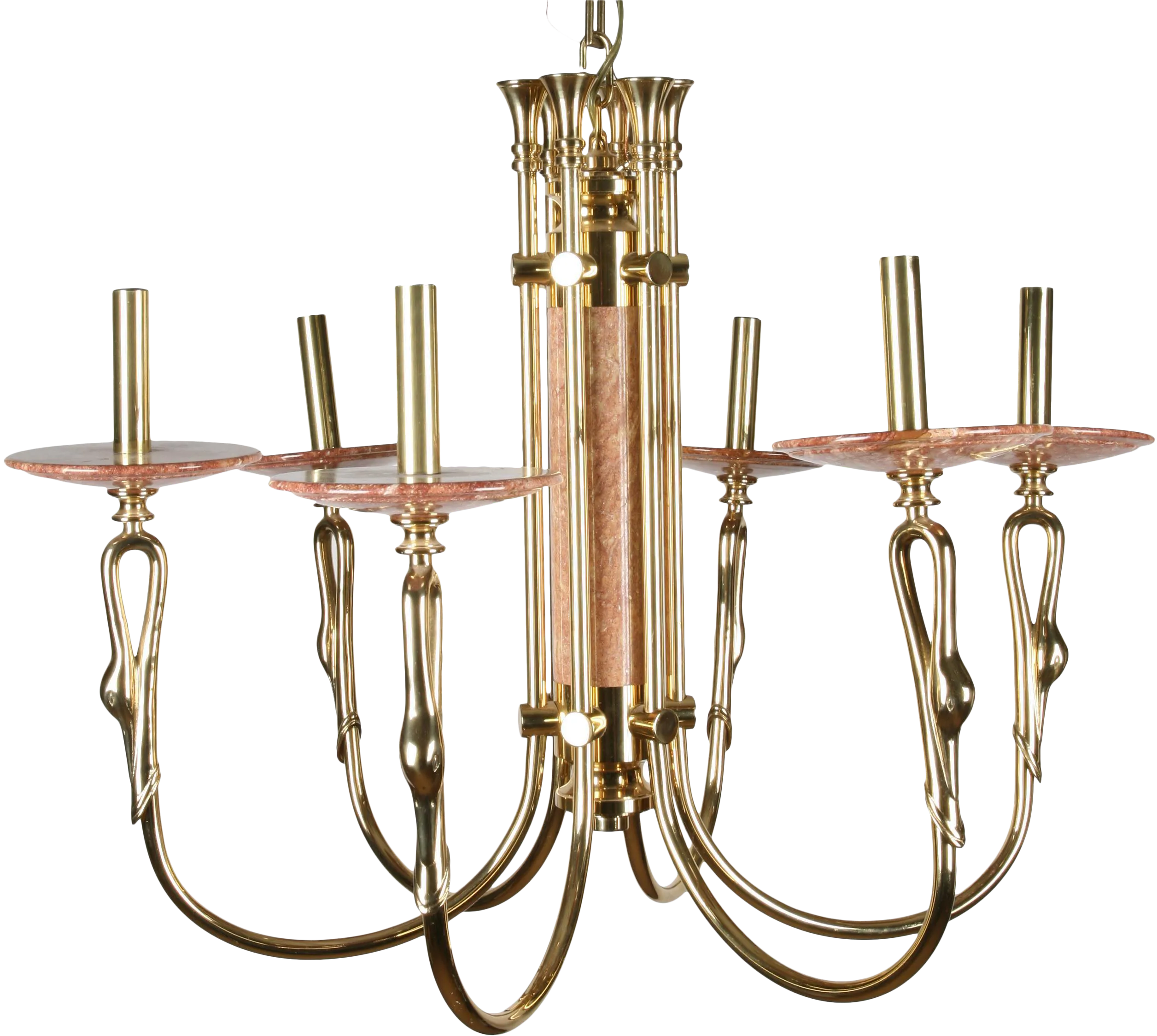 Pink Brass and Marble Swan Motif Six Light Chandelier | Chairish