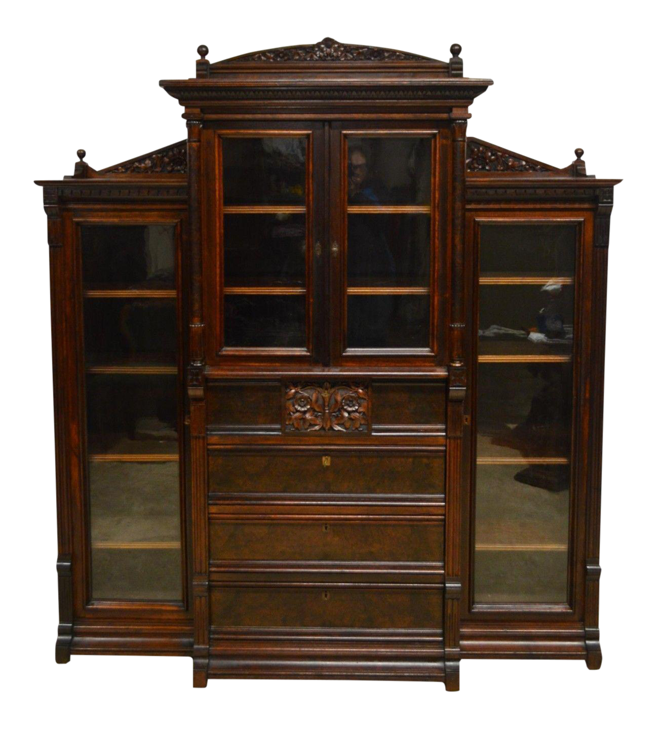 Antique Victorian Walnut Bookcase W. Desk | Chairish
