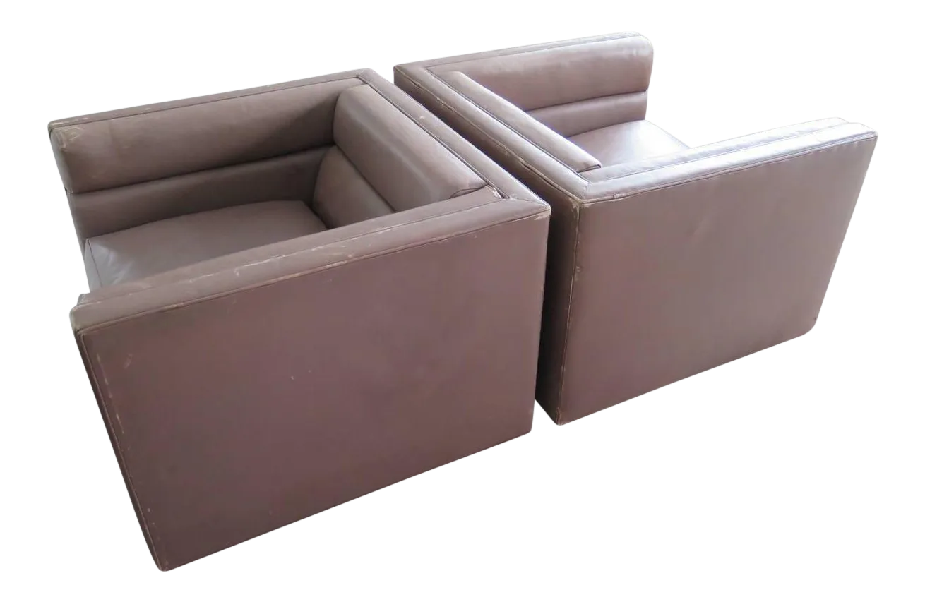 1970s Modern Dunbar Brown Leather Cube Chairs - a Pair | Chairish
