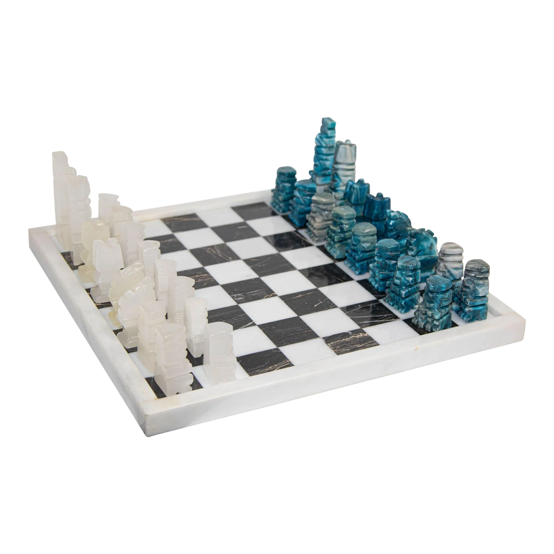 Vintage Marble Large Chess Set With Hand-Carved Turquoise Onyx Pieces ...