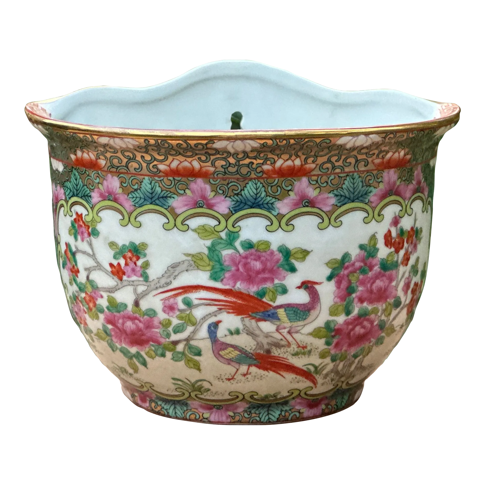 Vintage Chinese Porcelain Wall Pocket With Fretwork Birds & Flowers ...