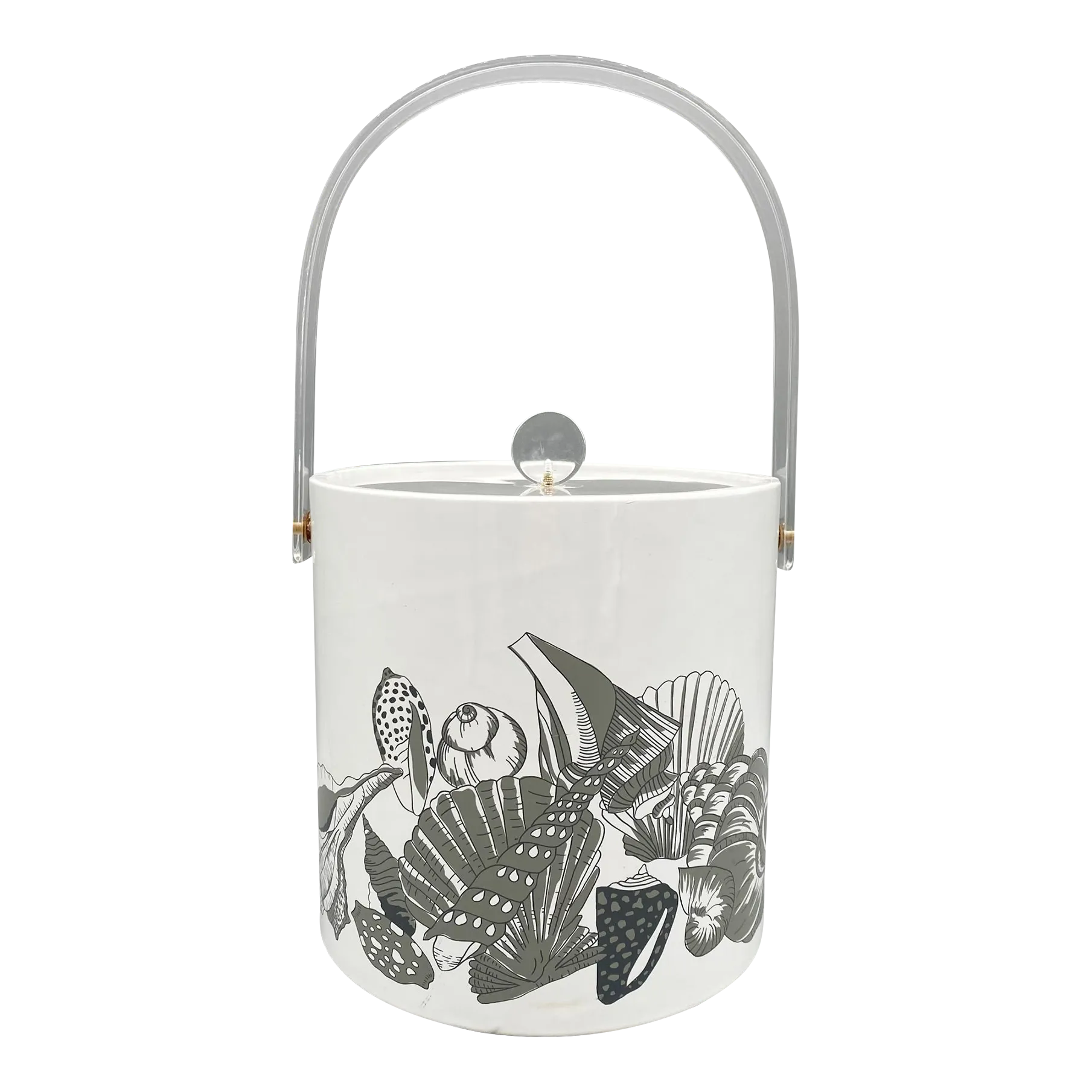 Vintage White and Gray Seashell Shell Ice Bucket With Lucite Handle and ...