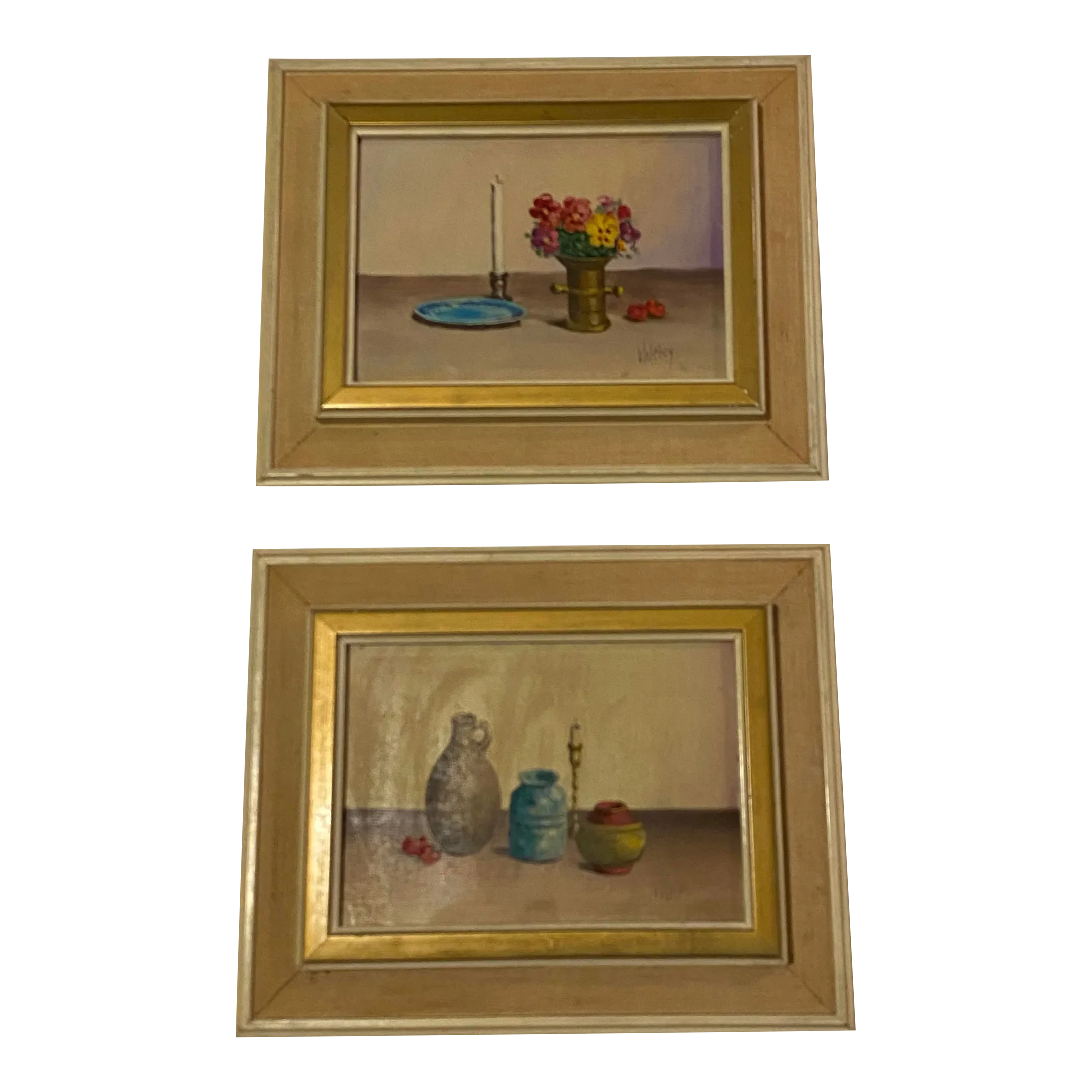 Original Vintage Pair of Miniature Still Life V. Weley Paintings | Chairish