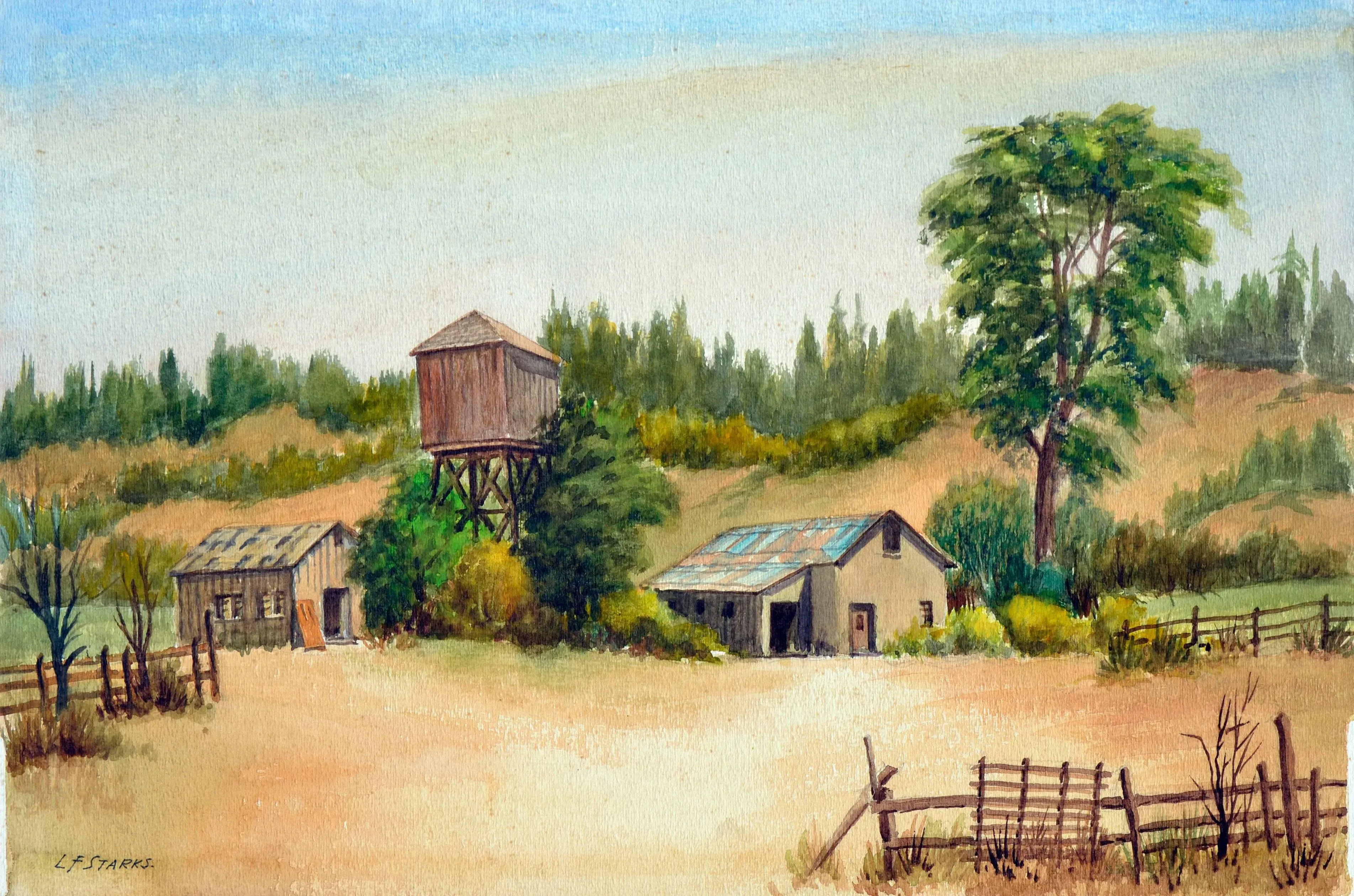 1969 "Ward Ranch" Landscape Watercolor Painting by Leonard Frank Starks ...