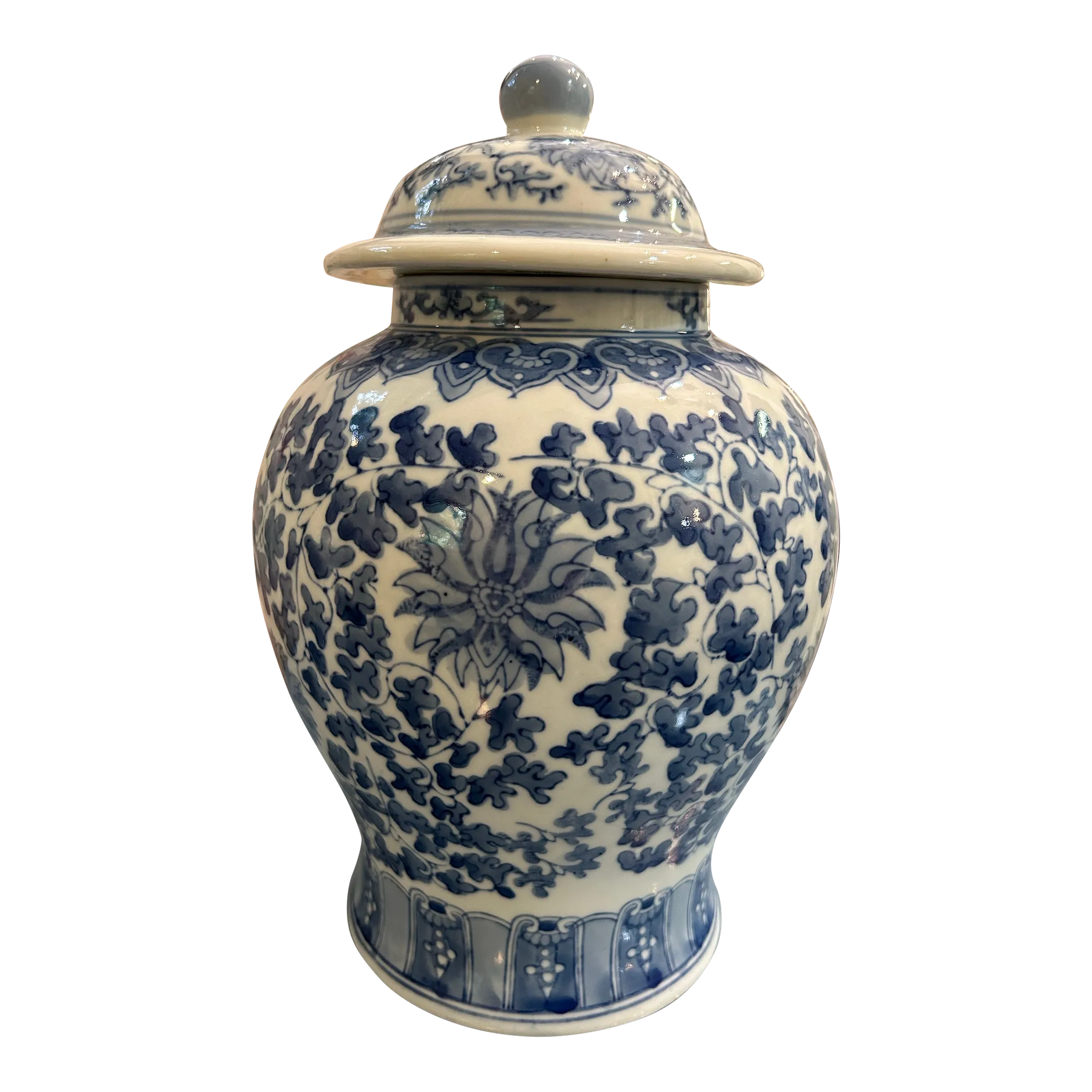 1980’s Chinoiserie Blue and White Temple Jar With Lid | Chairish
