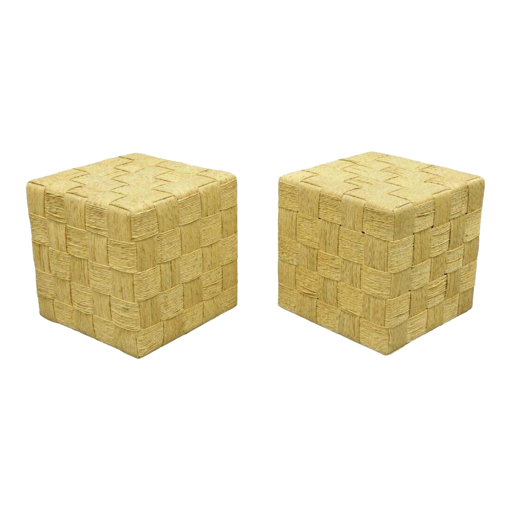 Decorator Modern Woven Rattan Rope Cord Cube Ottomans- a Pair | Chairish