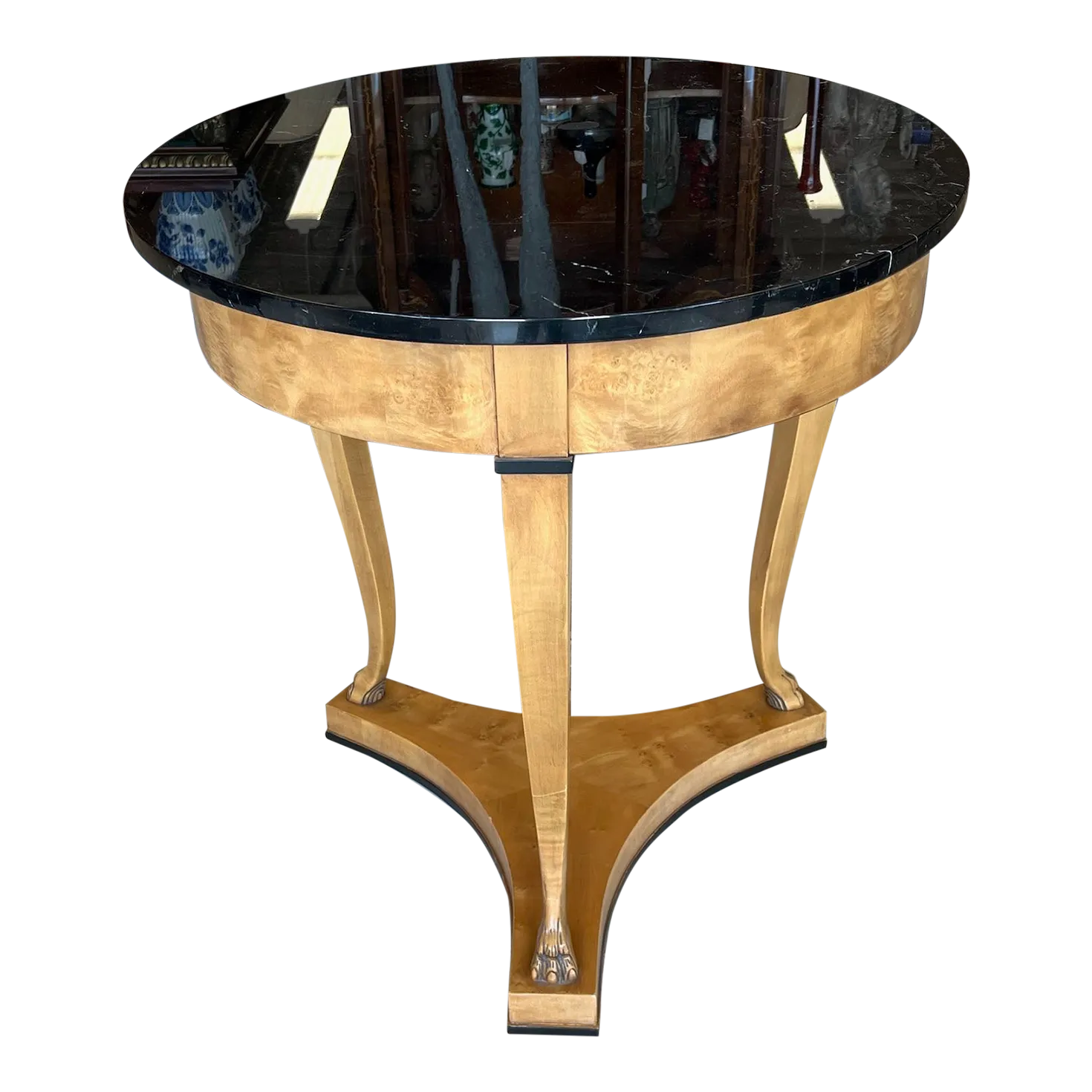 1990s Ej Victor Biedermeier Style Table. Black Marble Top | Chairish