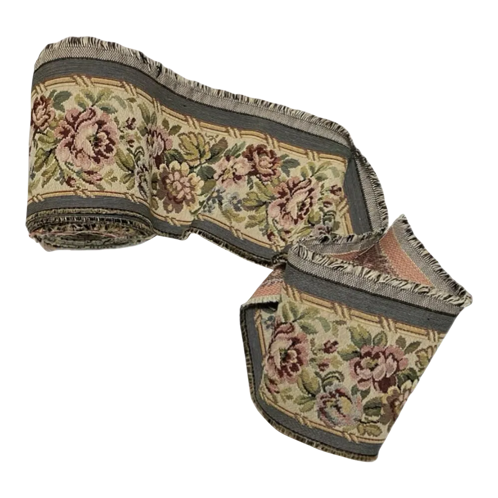 1980s Floral Tapestry Border Fabric - Gray/Rose- 2 Yards | Chairish
