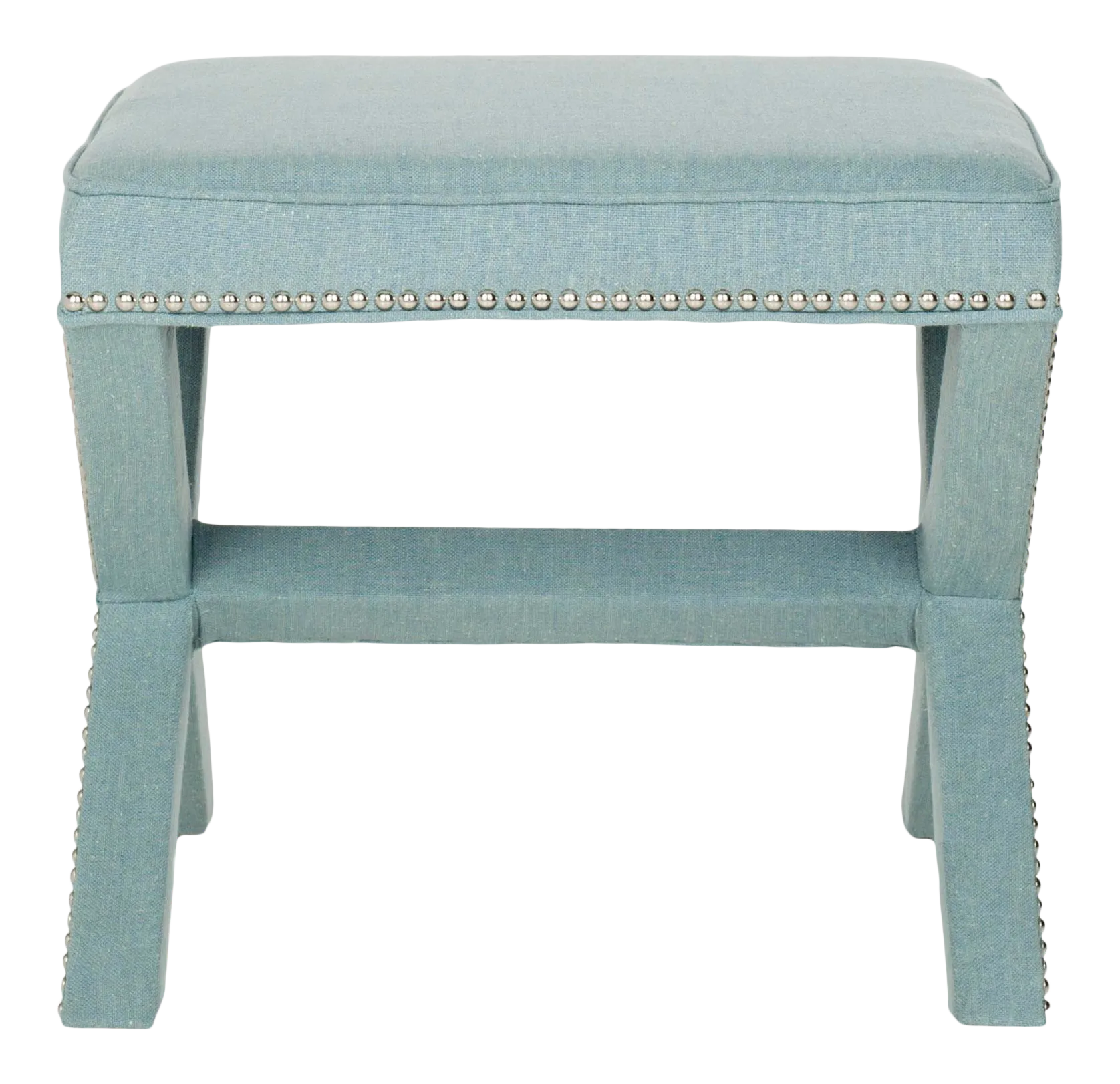 Studded Cross Leg Ottoman in Sky Blue | Chairish