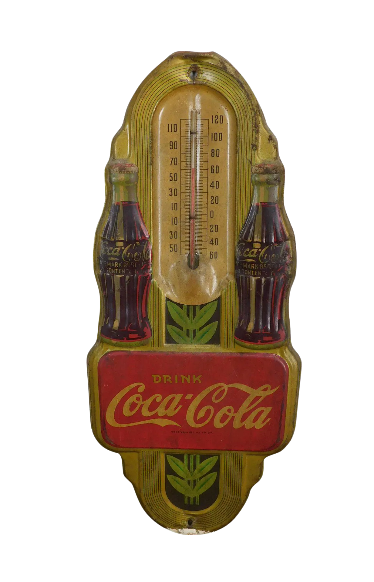 1940's Art Deco Vintage Coca Cola Embossed Tin Advertising Thermometer ...
