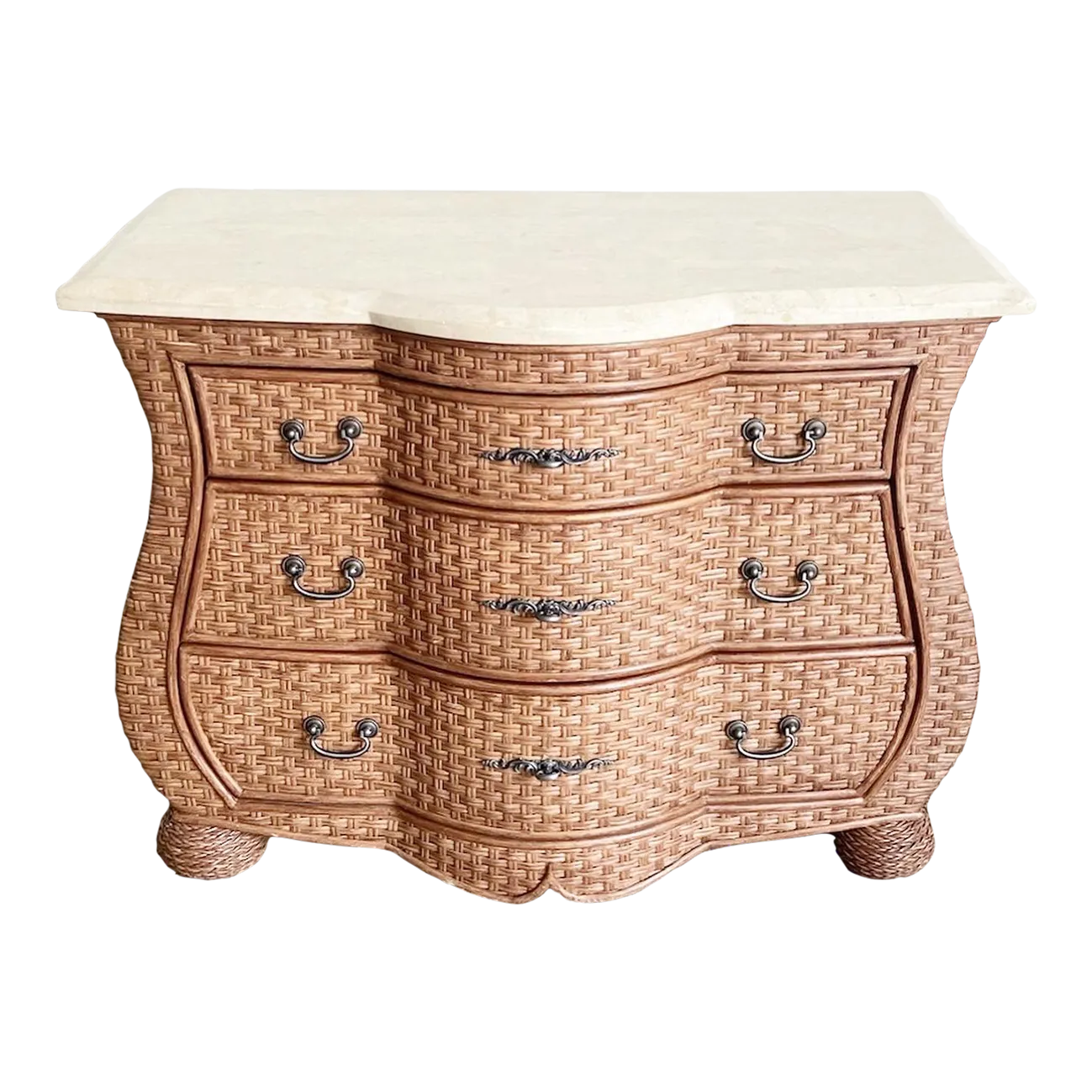 Boho Chic Wicker Tessellated Stone Top Chest of Drawers | Chairish