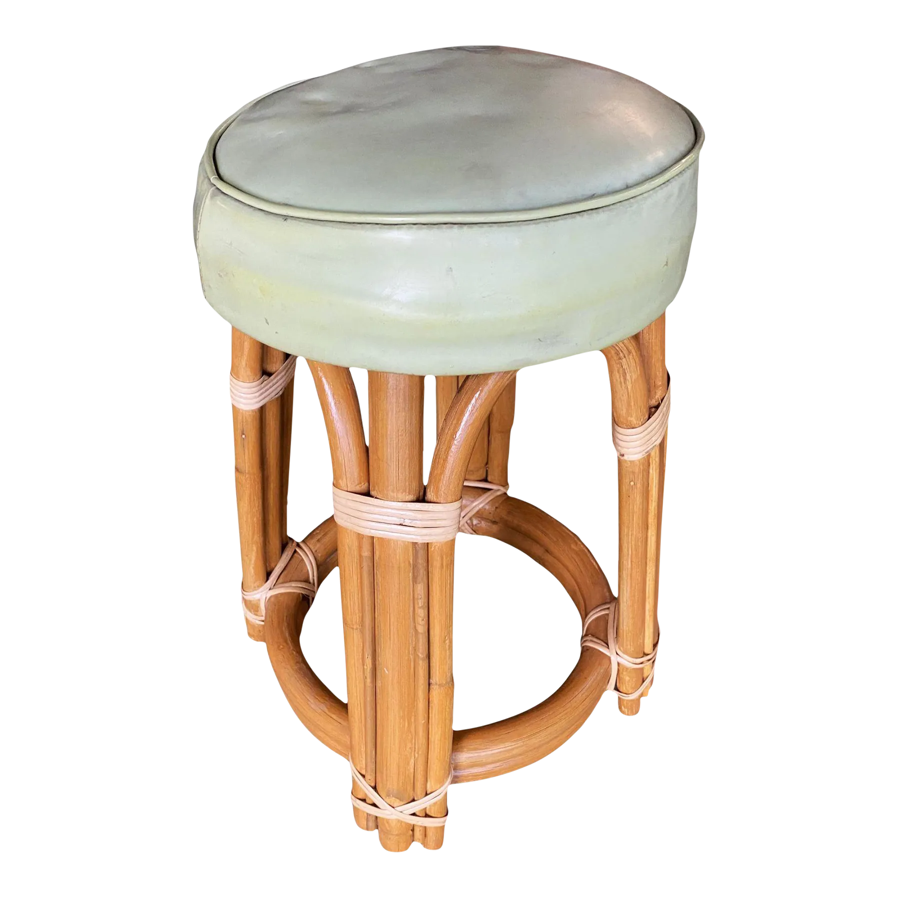 1950s Restored Single Stand Arched Rattan Vanity Stool with Teal Seat ...