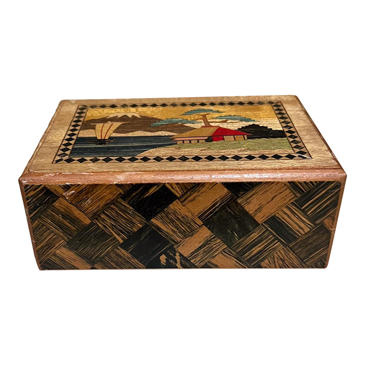 1950s Japanese Secret Puzzle Box Wood Inlay Mt Fuji Floral | Chairish