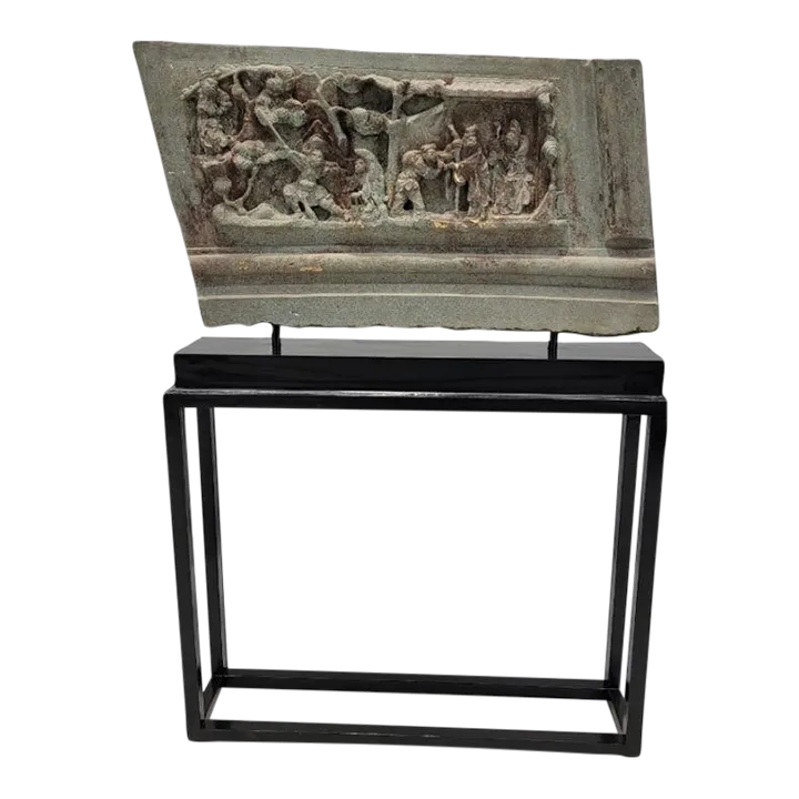16th Century Chinese Hand Sculpted Grey Stone Panel With Stand | Chairish