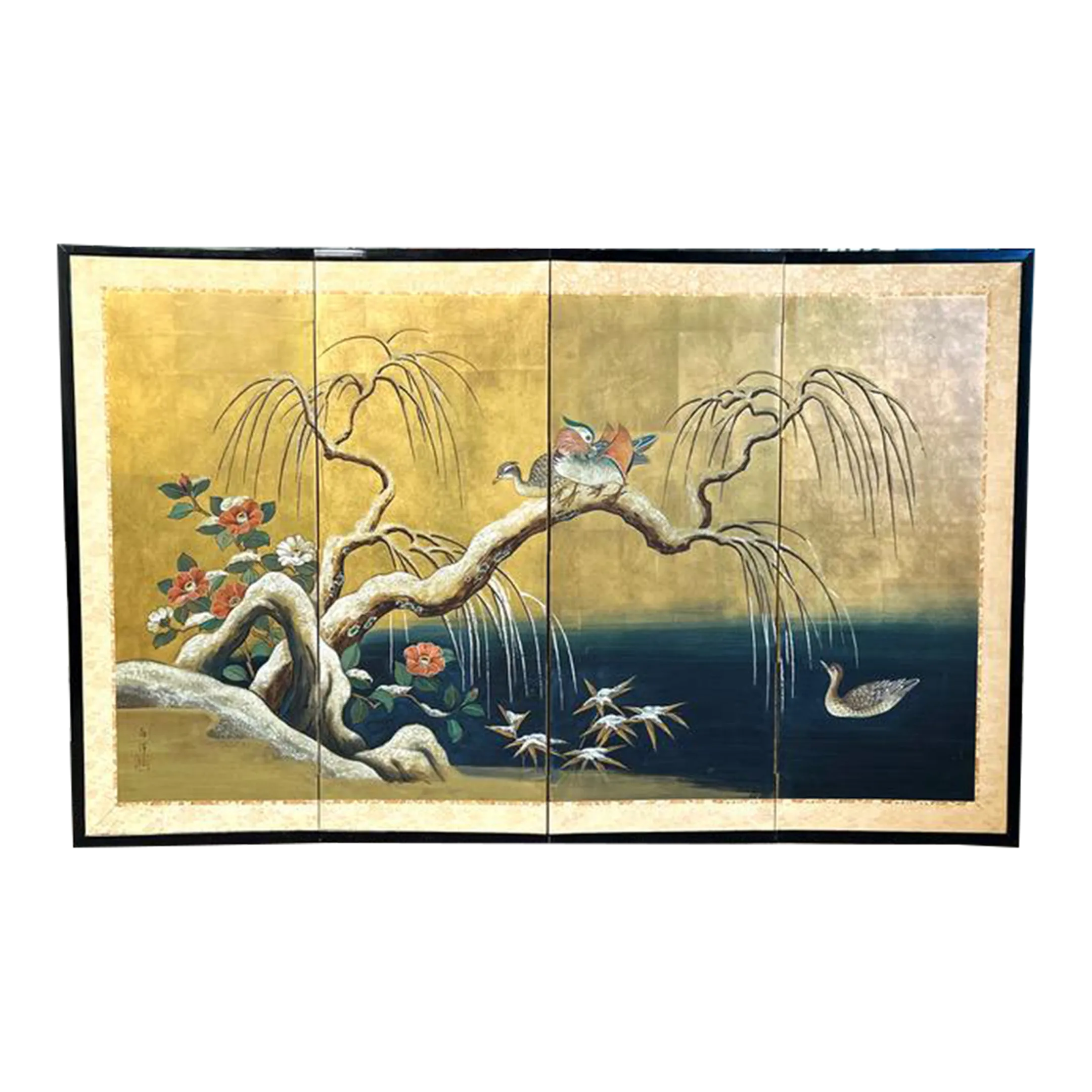 Antique Japanese Four Panel Byobu Screen: Mandarin Ducks by Snowy Pond ...