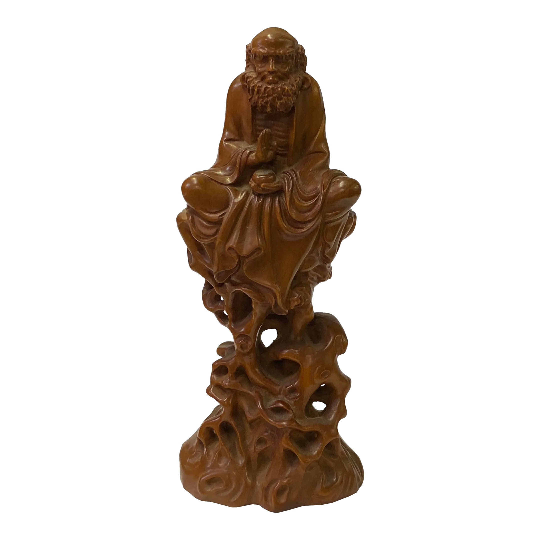 Chinese Brown Zen Master Damo Deity Meditation Wood Statue | Chairish