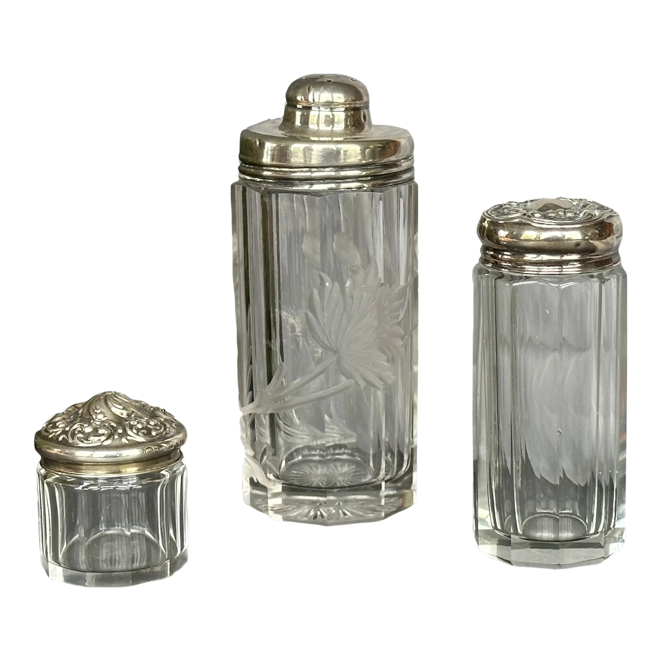 Antique Victorian - Edwardian Glass Vanity Jar Set With Sterling Silver ...