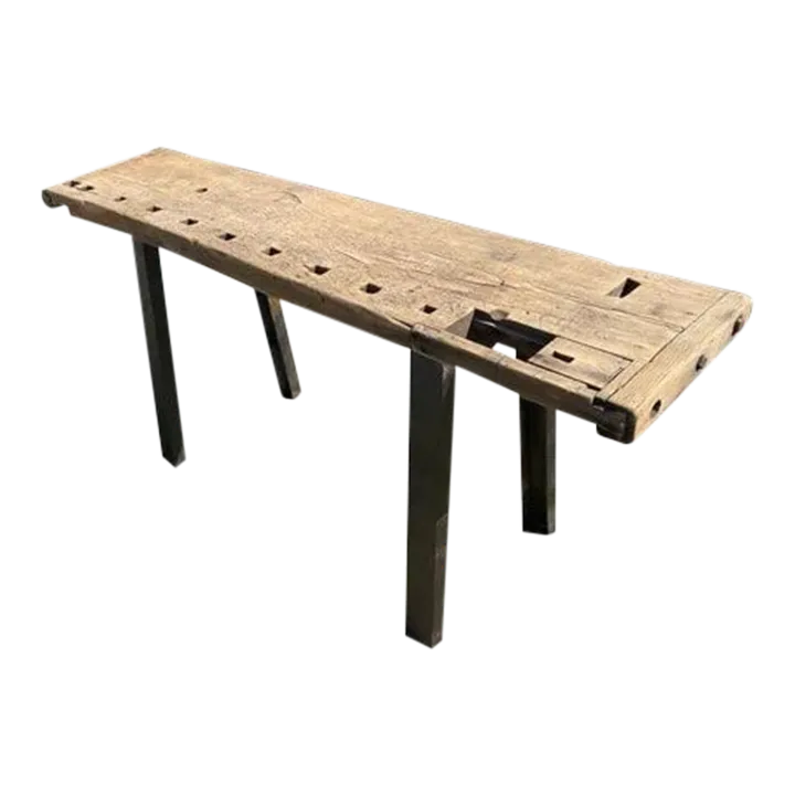 French Walnut Raw Wood Console Work Table with Parisian Industrial Legs ...