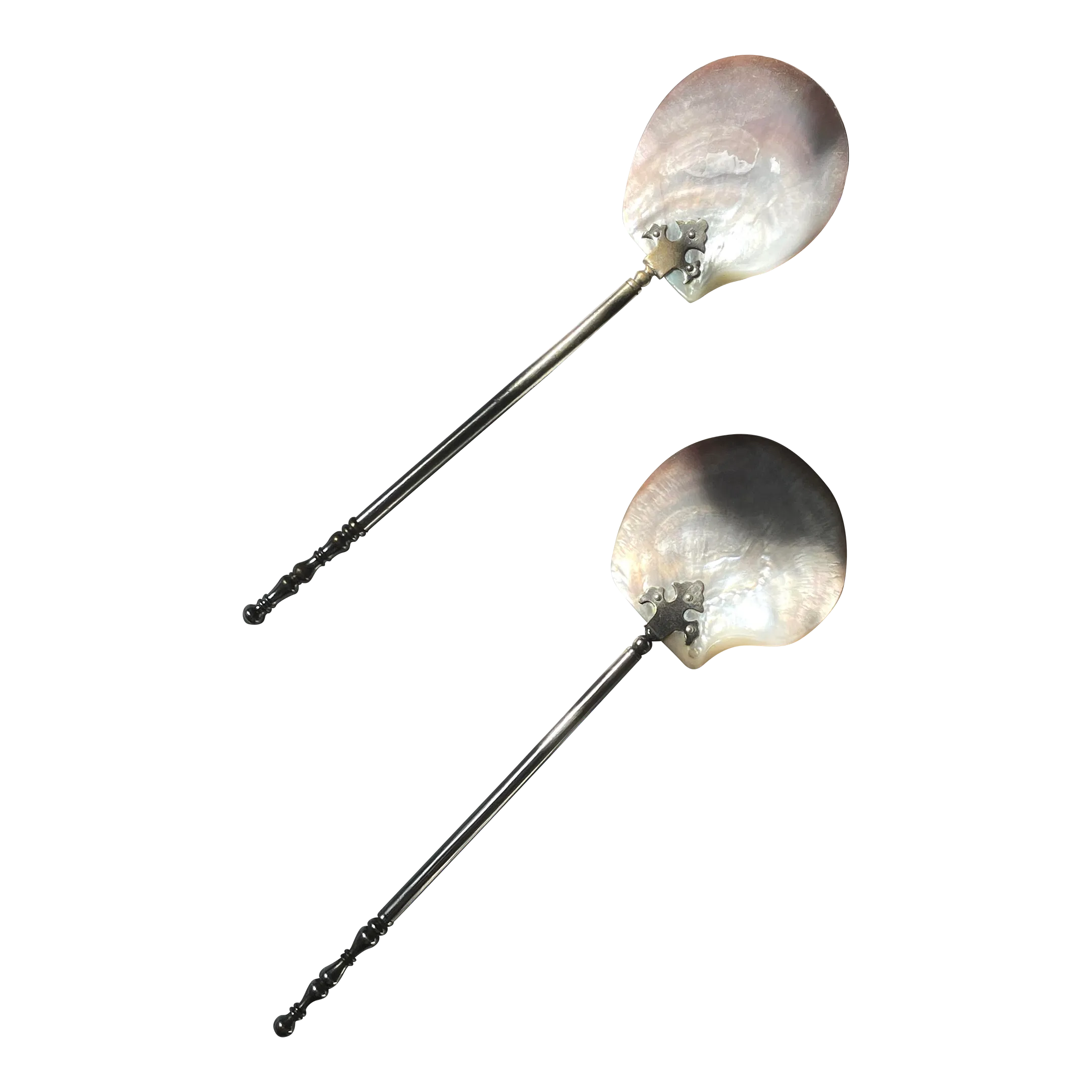 Antique Iridescent Shell Serving Spoons With Silver Plated Handles ...