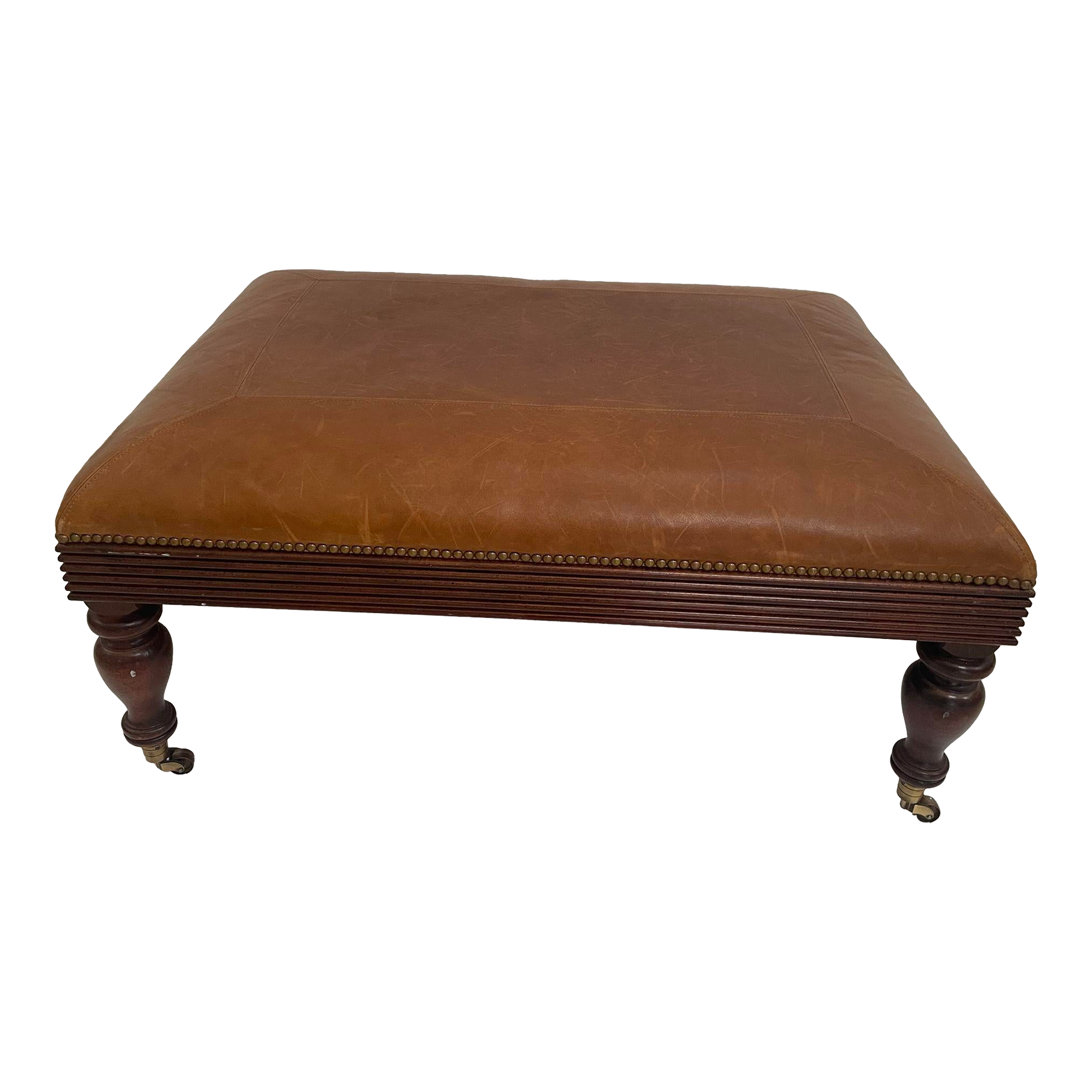 Victorian English Style Leather Ottoman With Brass Casters and Nailhead ...